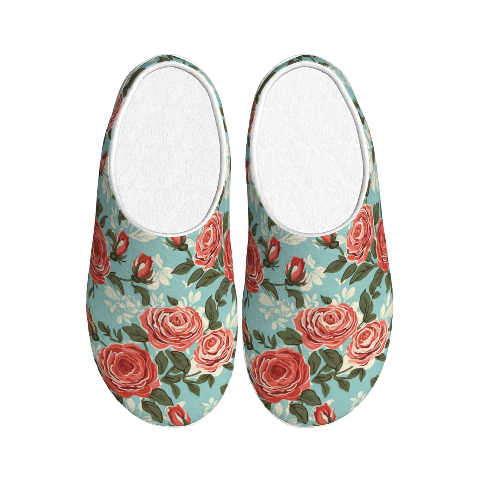 Balery Rose Flowers Pattern Women's Fuzzy Memory Foam Slippers Fluffy ...
