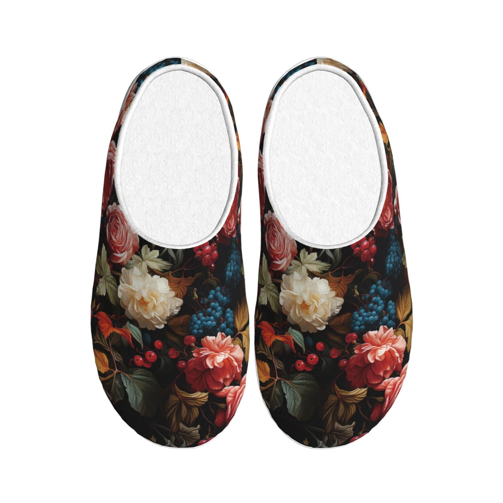 Balery Rose Flowers Pattern Women's Fuzzy Memory Foam Slippers Fluffy ...