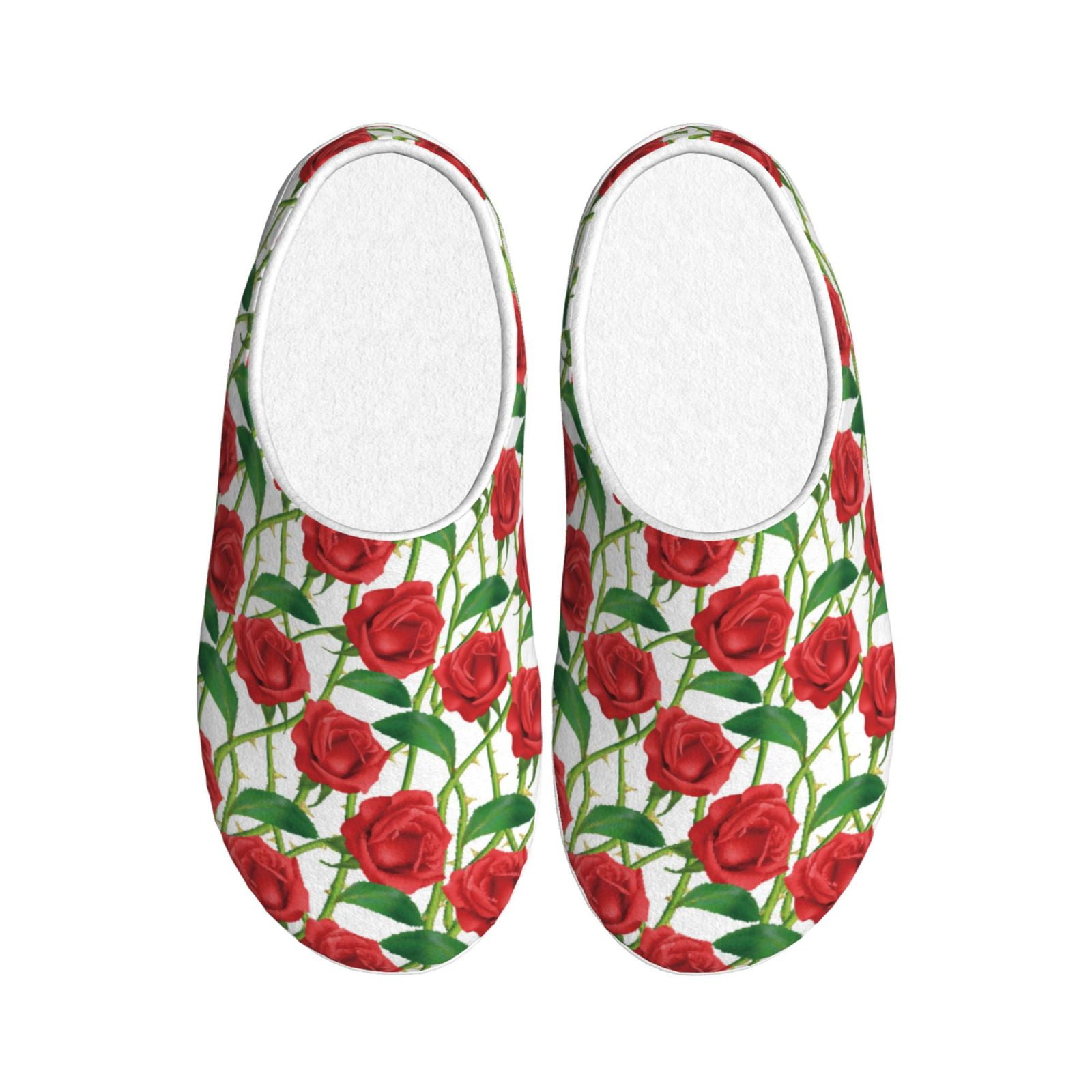 Balery Rose Flowers Pattern Women's Fuzzy Memory Foam Slippers Fluffy ...