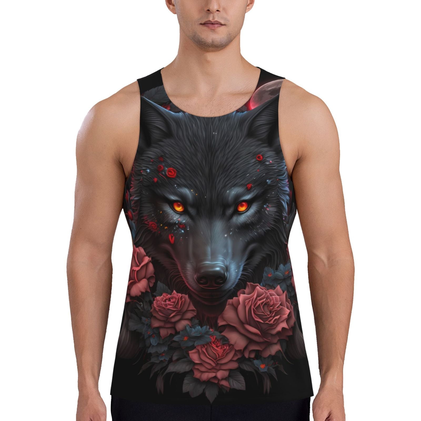 Balery Rose Full Moon Black Wolf Pattern Men's Workout Tank Top Gym ...