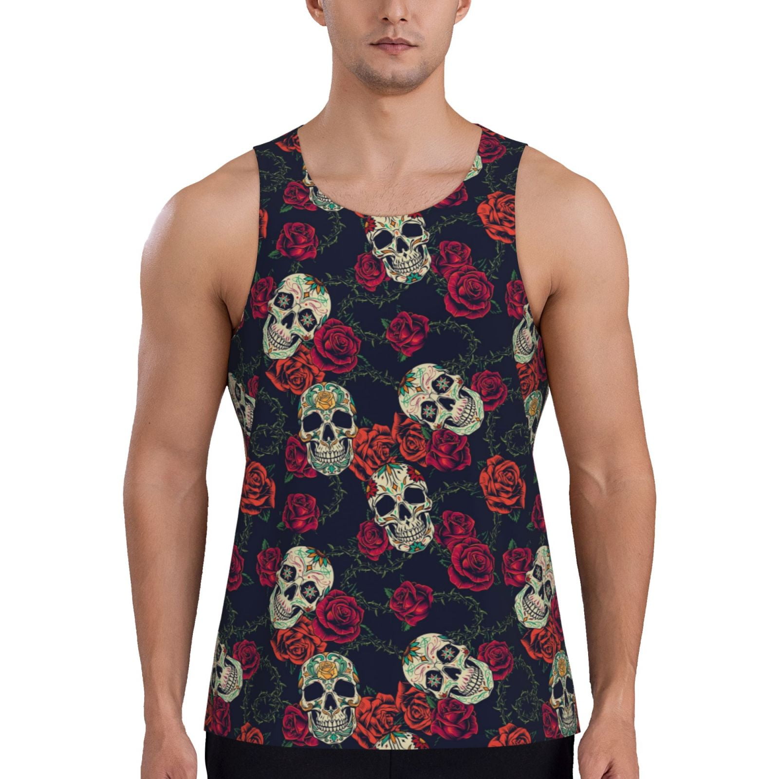 Balery Roses Skulls Pattern Men's Workout Tank Top Gym Muscle Tee ...