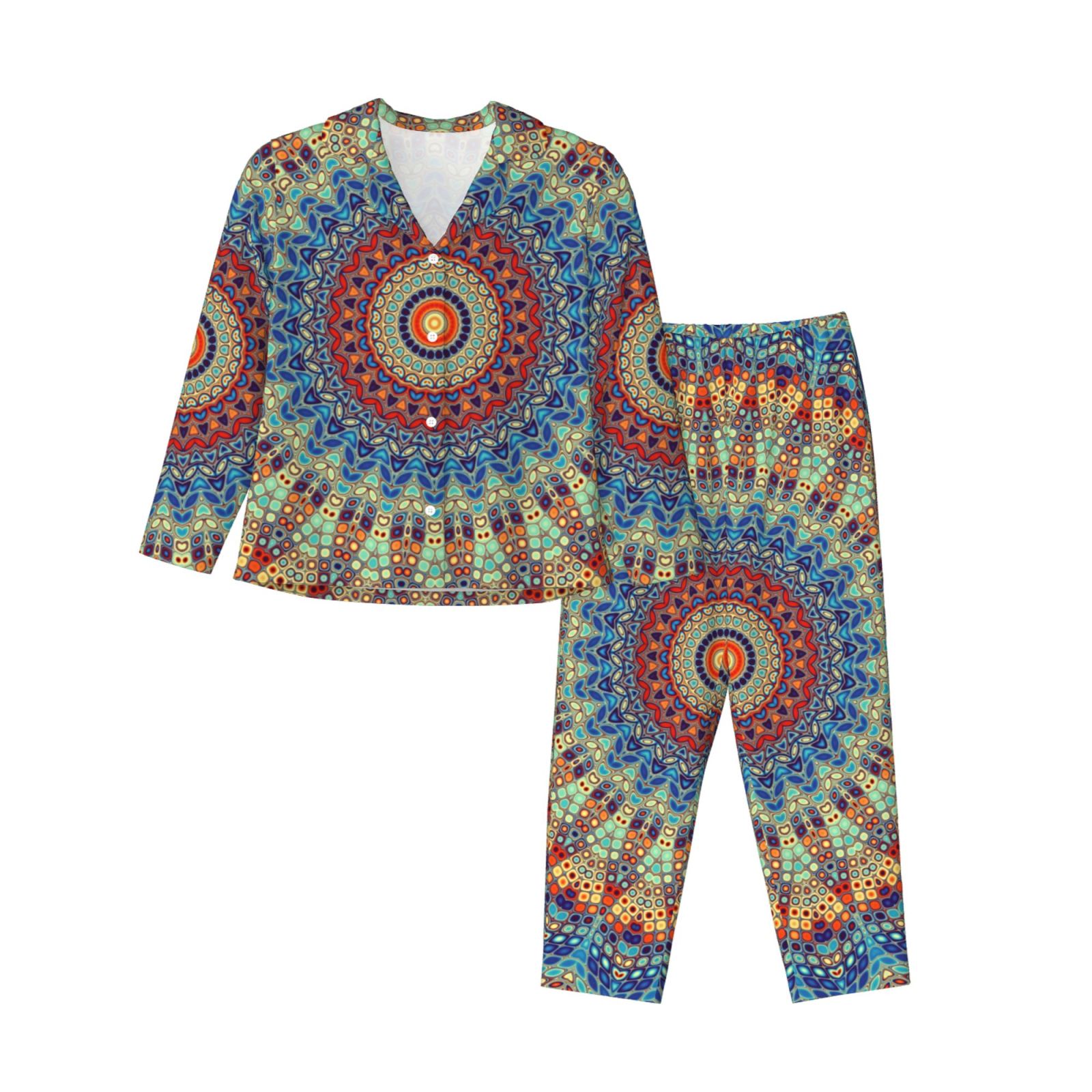 Balery Round Mandala Pattern Pajama Sets for Women Long Sleeve 2 Piece ...