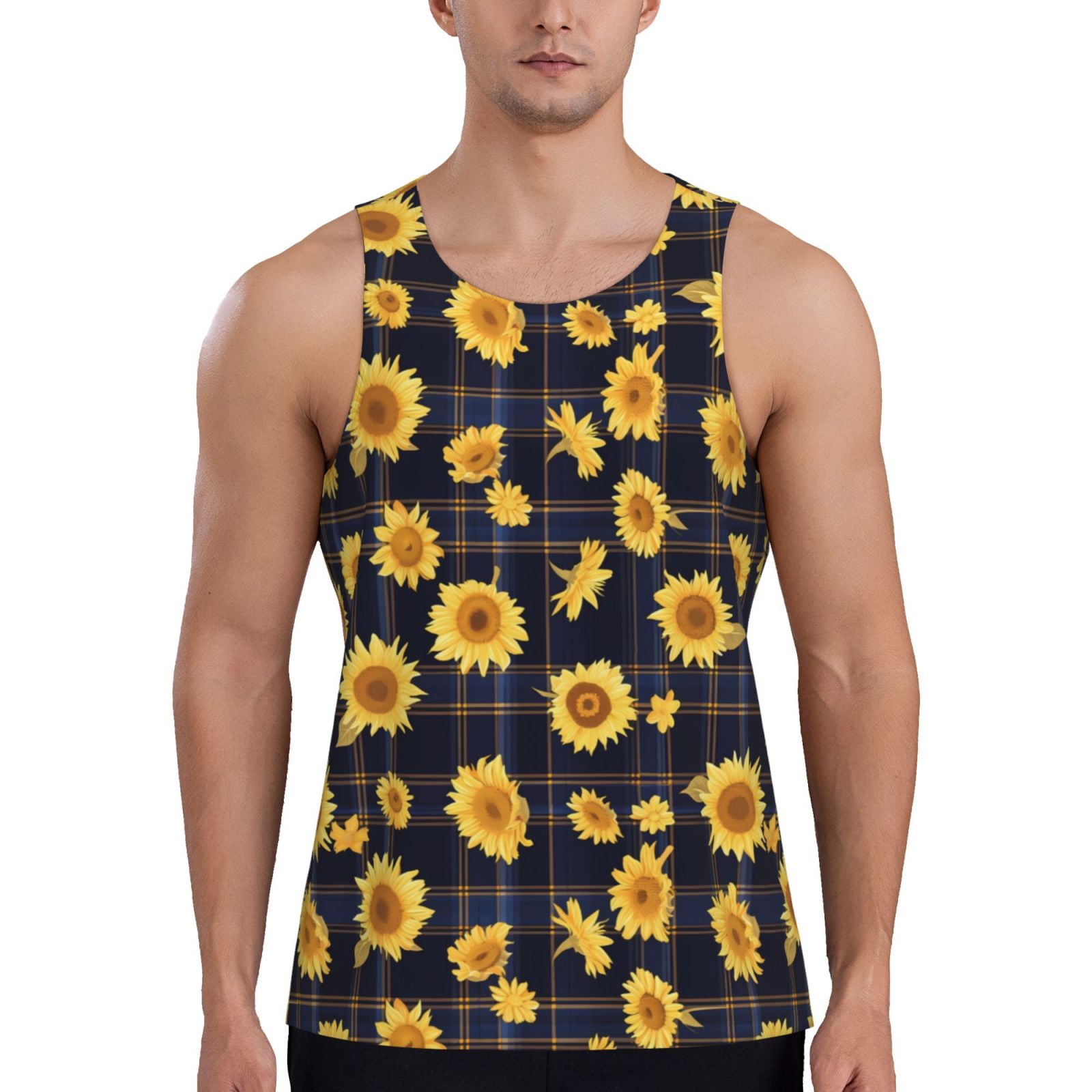 Balery Royal Blue Plaid Sunflower Pattern Men's Workout Tank Top Gym ...