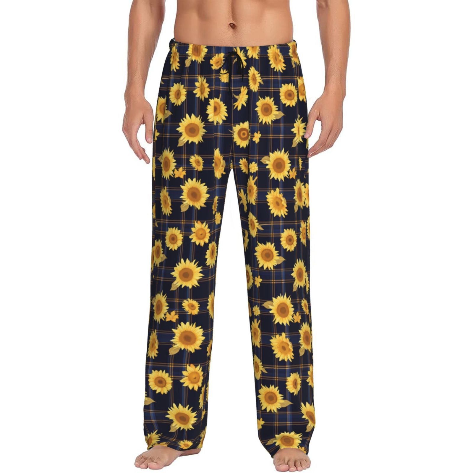 Balery Royal Blue Plaid Sunflower print Men's Pajama Pants,Ultra ...