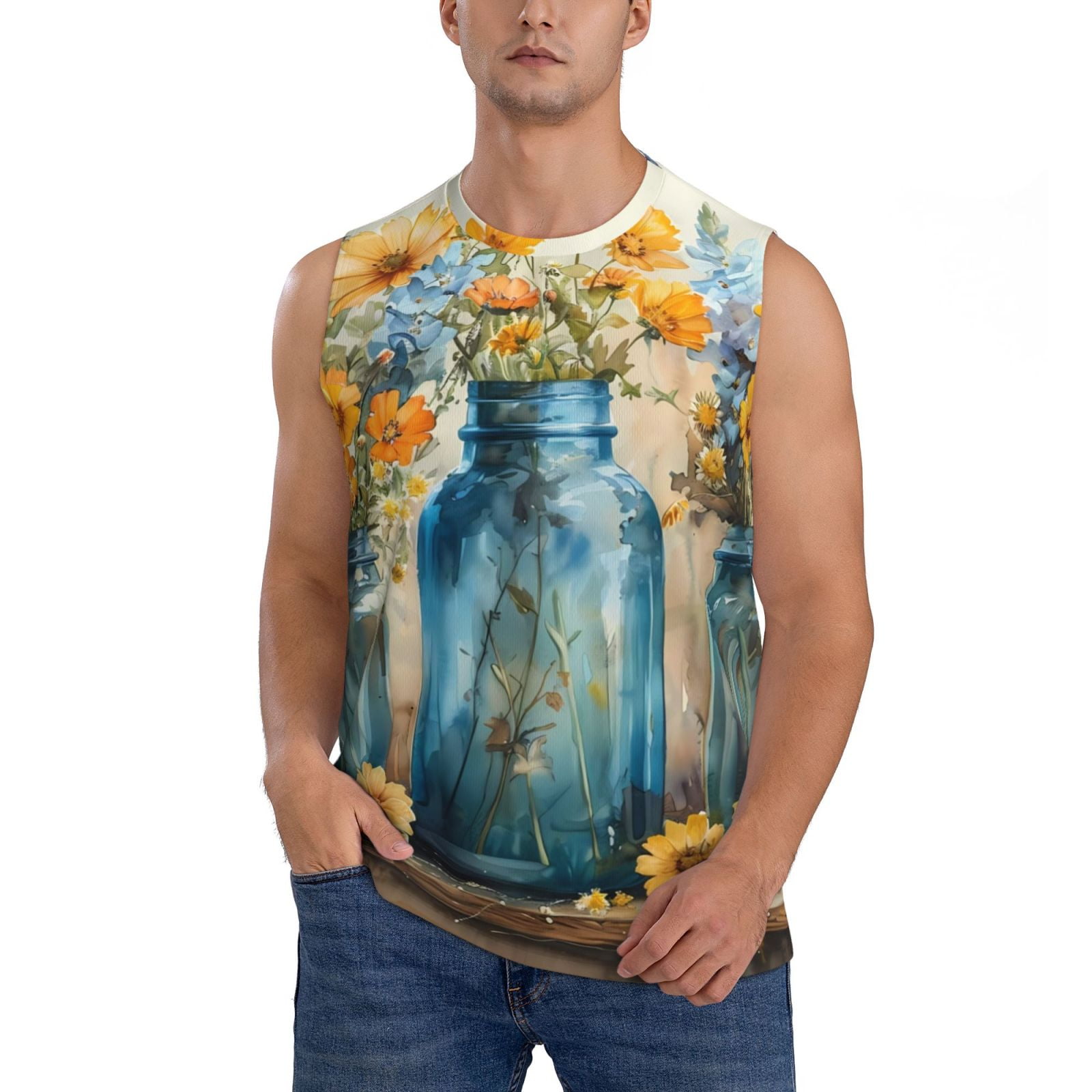Balery Rustic Blue Vase Blossoms Men's Sleeveless Muscle Shirts Workout ...