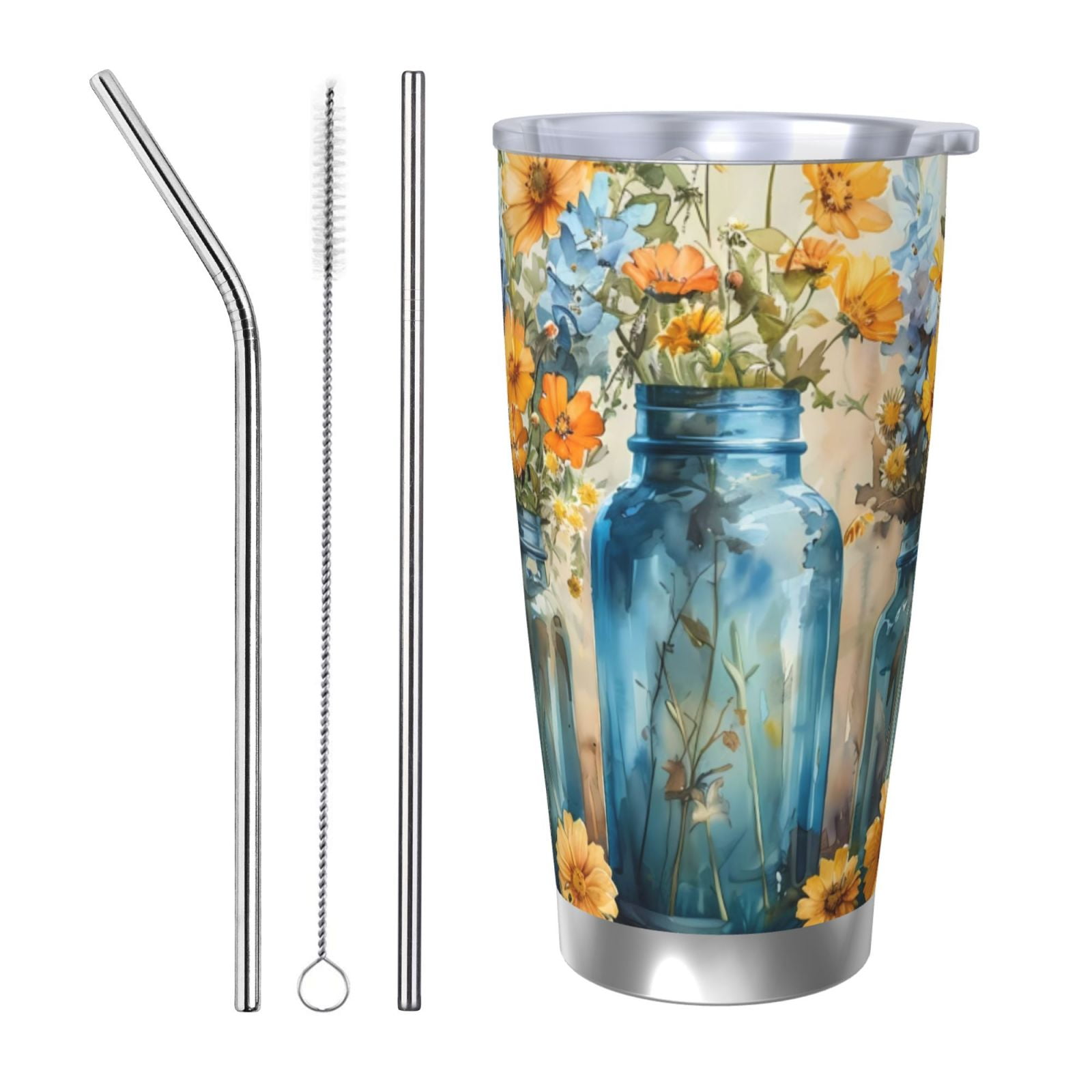 Balery Rustic Blue Vase Blossoms Pattern 20oz Insulated Car Cup with ...