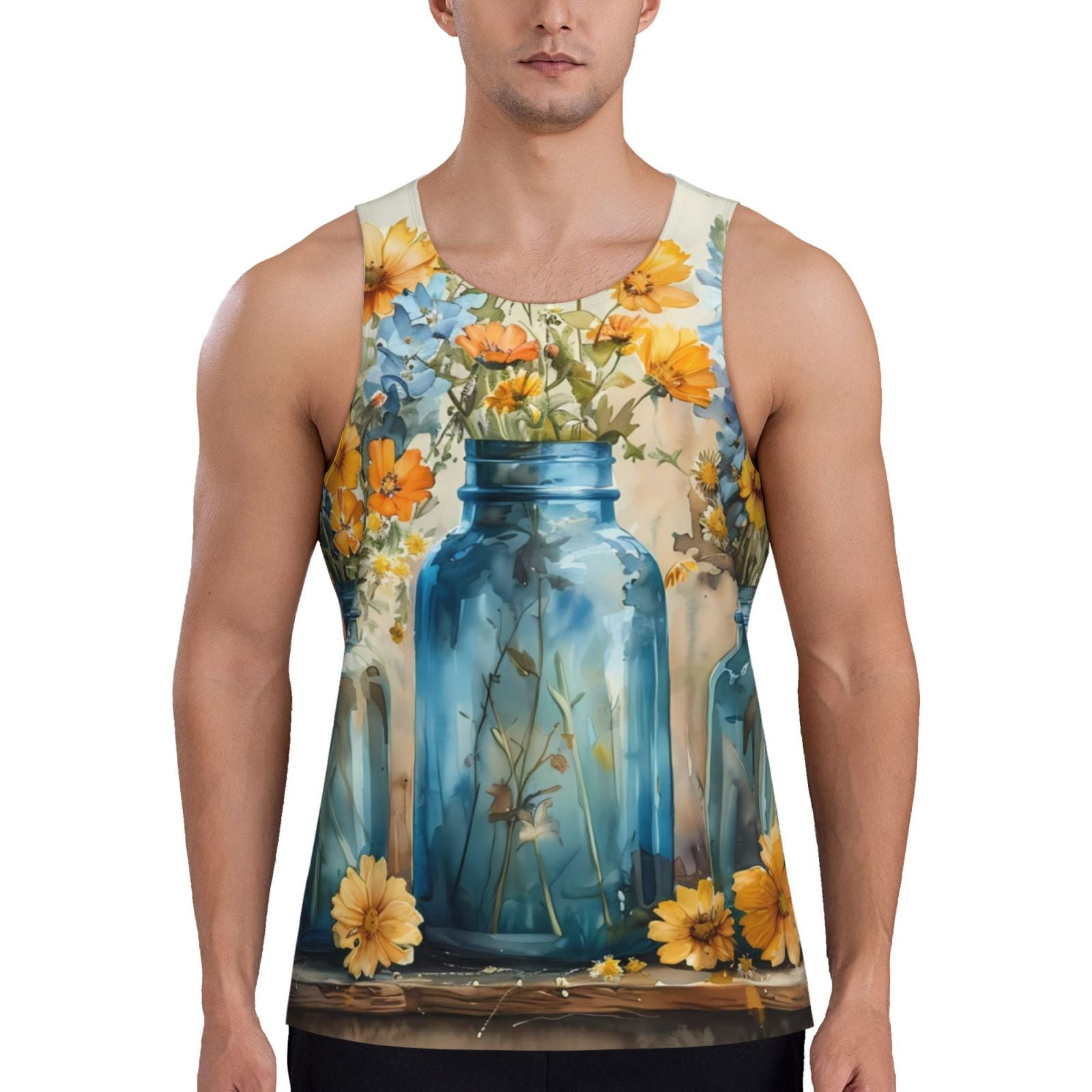 Balery Rustic Blue Vase Blossoms Pattern Men's Workout Tank Top Gym ...