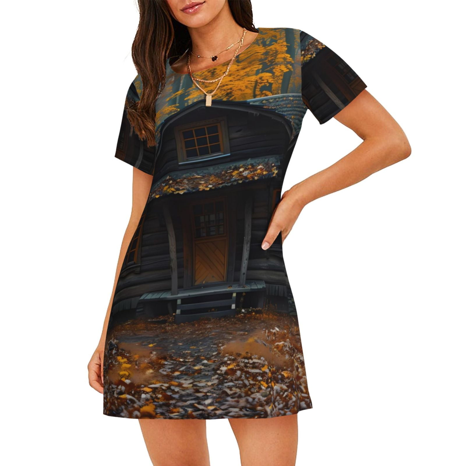 Balery Rustic Cabin Autumn Forest Pattern Womens Short Sleeve ...