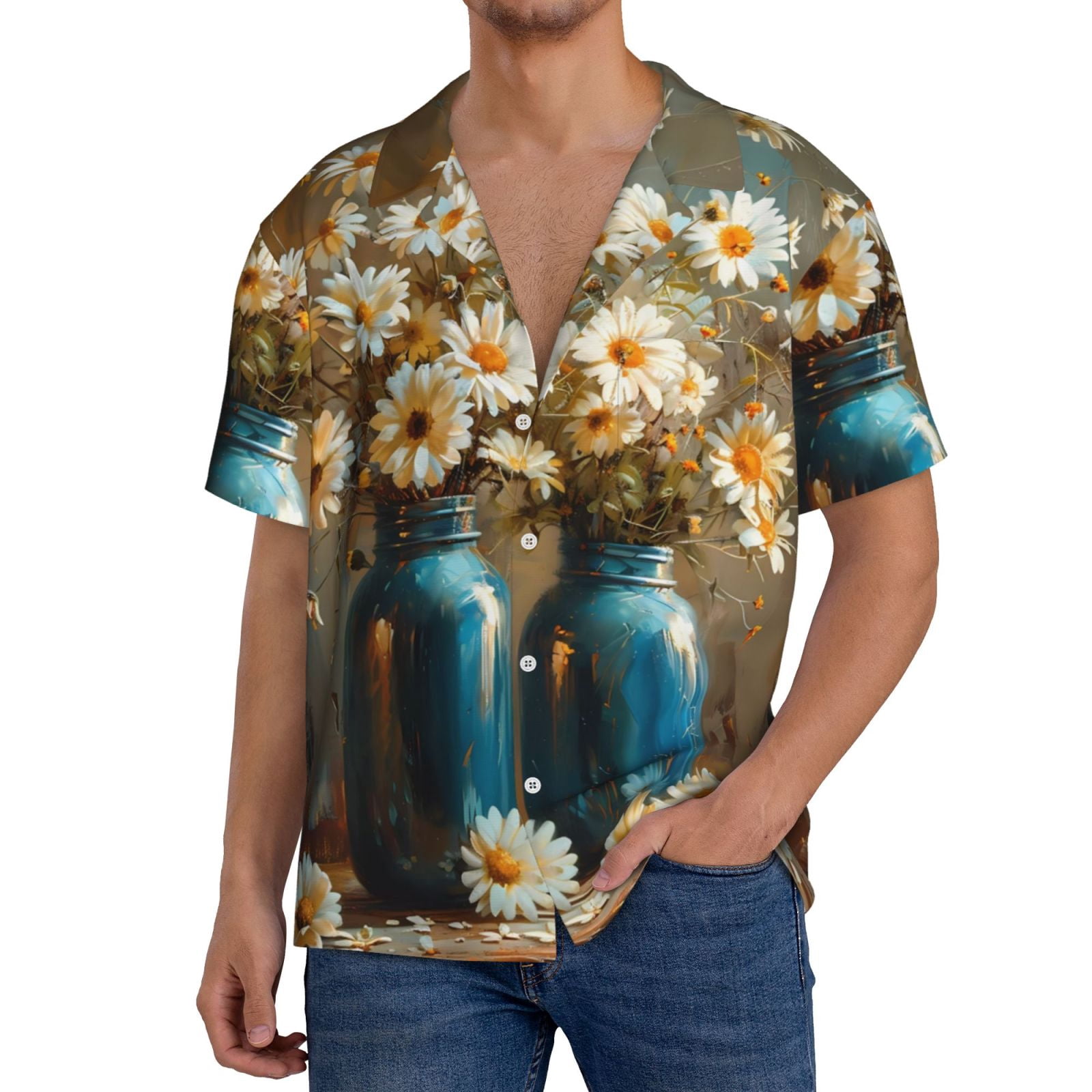 Balery Rustic Daisy Mason Jars Men's Casual Button Down Shirt Short ...