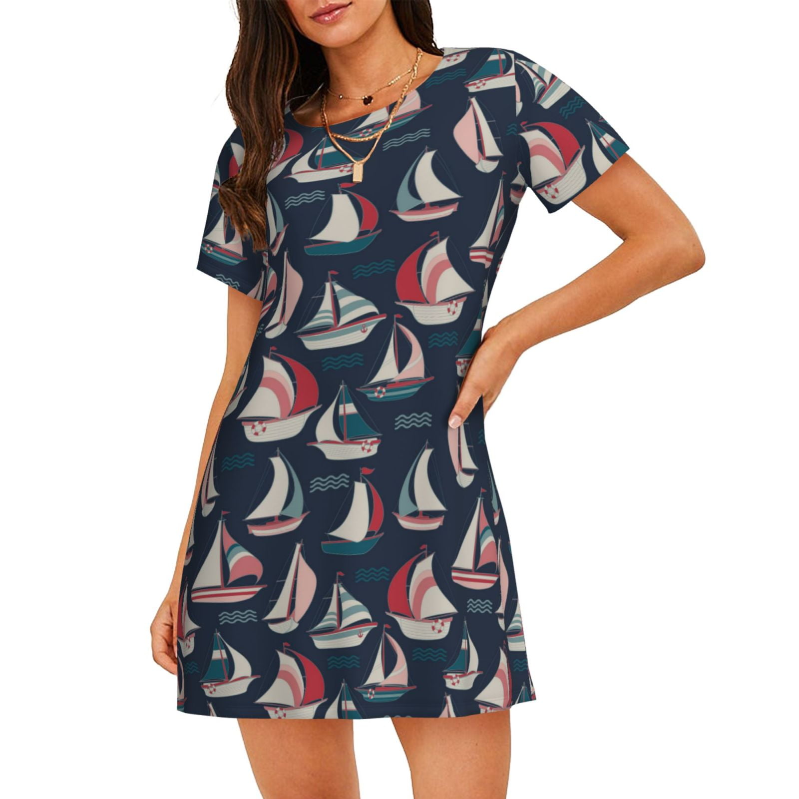 Balery Sailboat And Wave Pattern Womens Short Sleeve Sleepshirt ...
