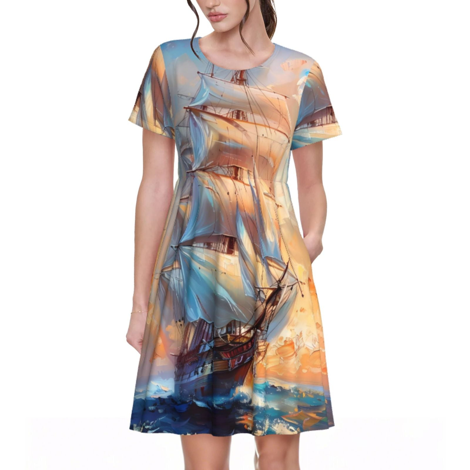 Balery Sailing Ship Ocean Sunset Pattern Womens Dresses Loose Short ...