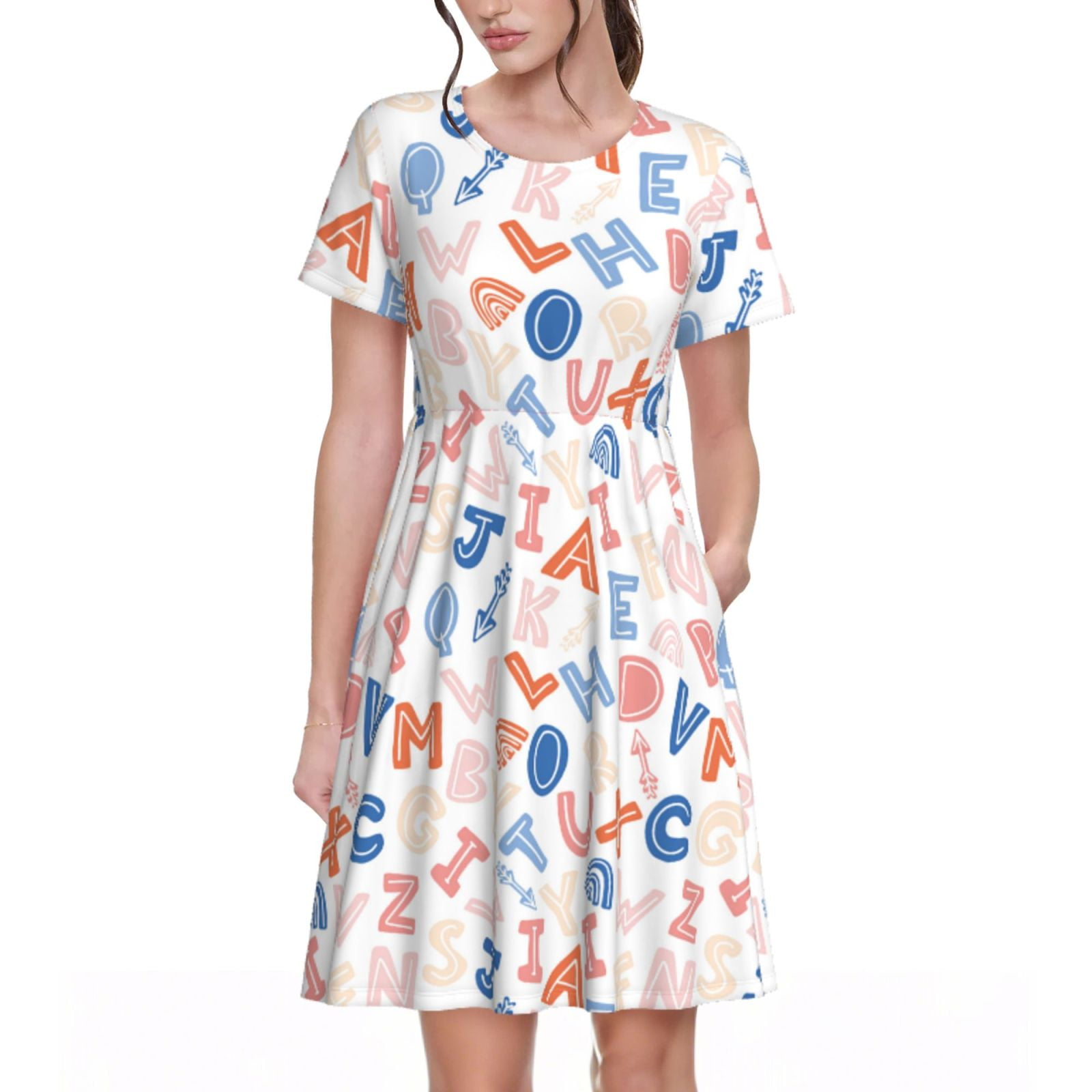 Balery Scandinavian Alphabet Pattern Womens Dresses Loose Short sleeve ...