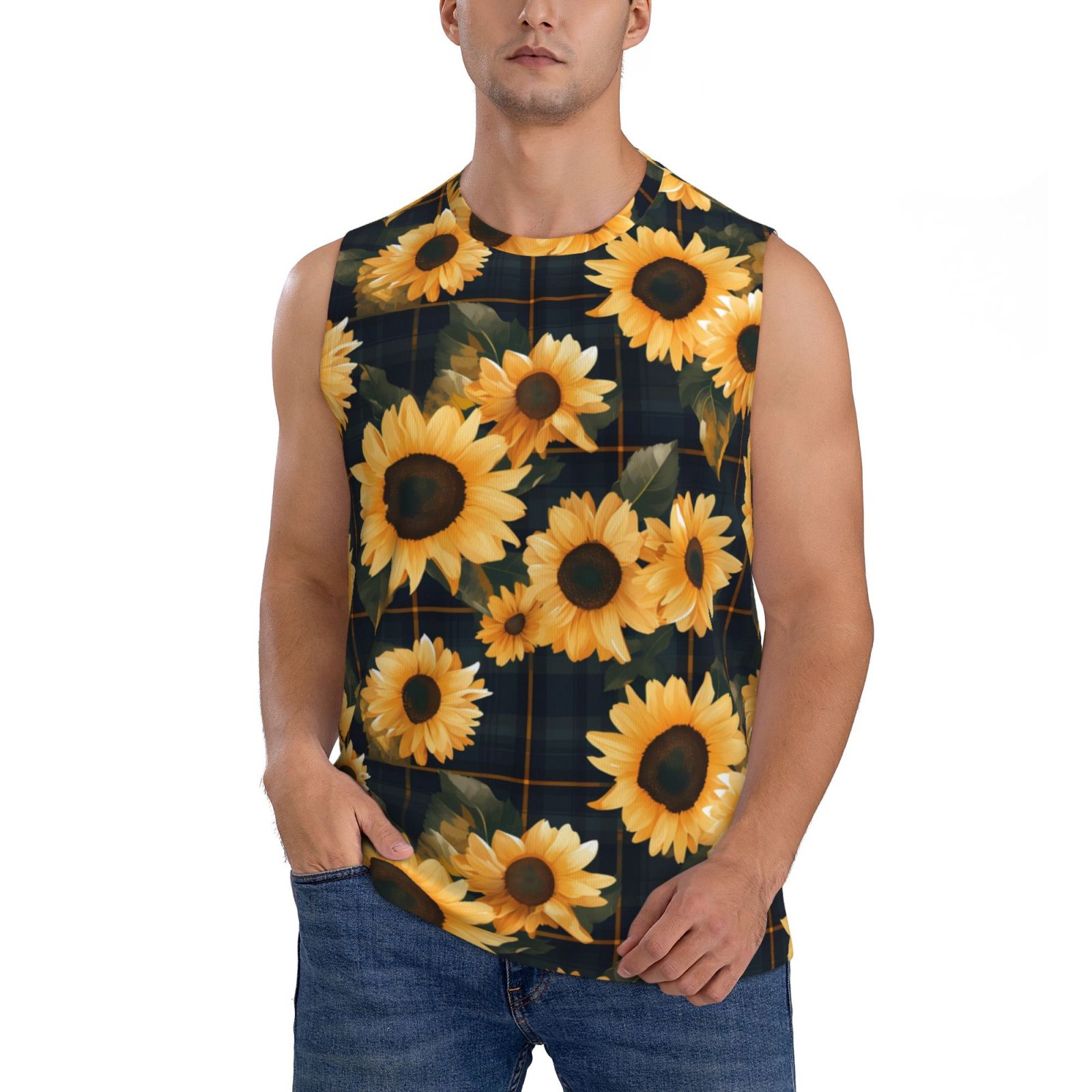 Balery Scottish Blue Plaid Sunflower Men's Sleeveless Muscle Shirts ...