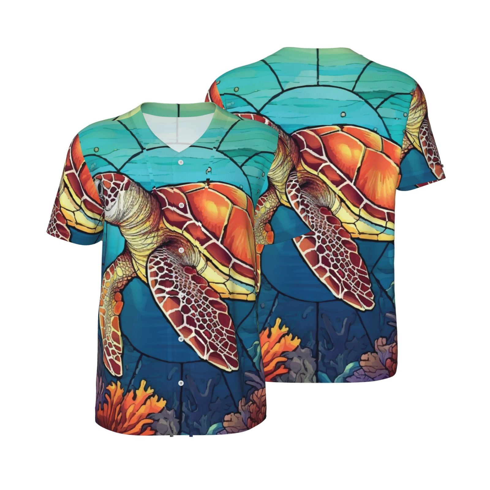 Balery Sea Turtle in Coral Baseball Jersey for Men Casual Button Down Shirts Short Sleeve Active ...
