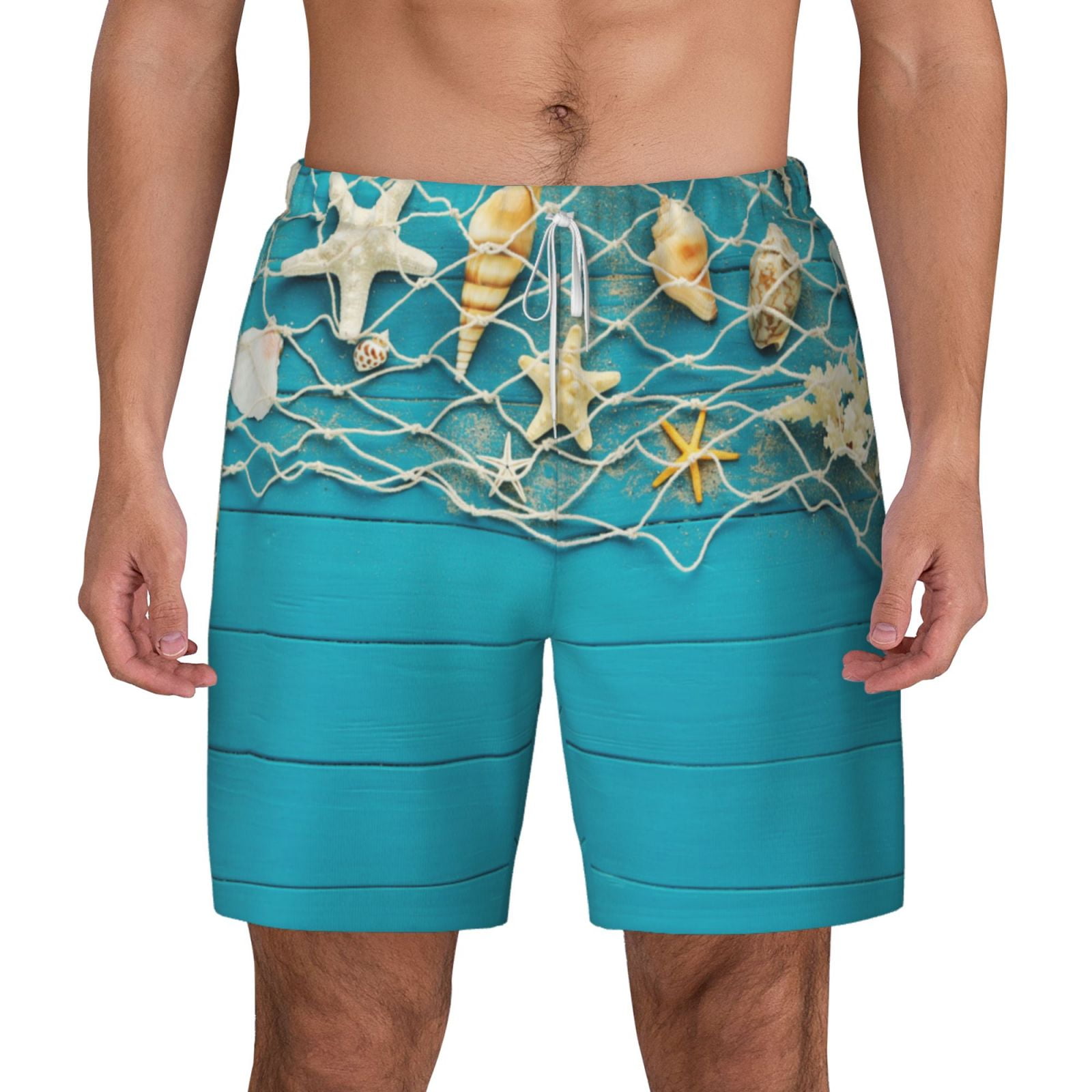 Balery Seashells And Fishing Net On Blue Wooden Table Mens Swim Trunks ...