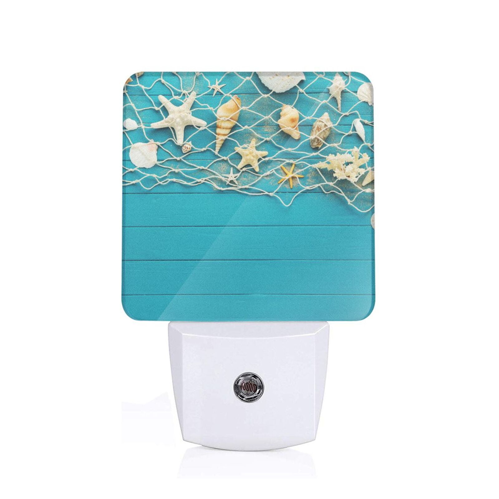 Balery Seashells And Fishing Net On Blue Wooden Table Pattern LED Night ...