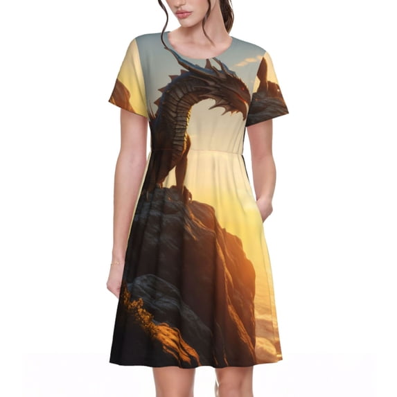Balery Seaside Sunset Cool Dragon Pattern Womens Dresses Loose Short ...
