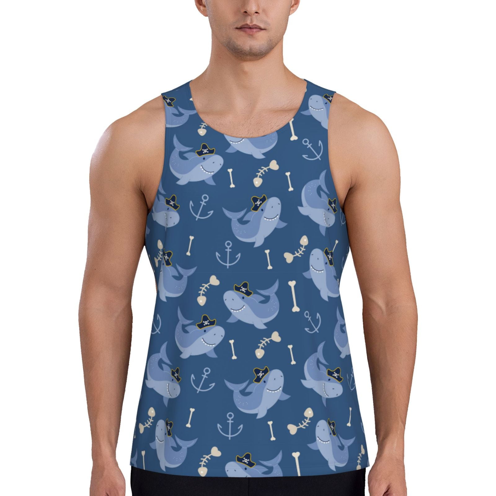 Balery Shark pirate Pattern Men's Workout Tank Top Gym Muscle Tee ...