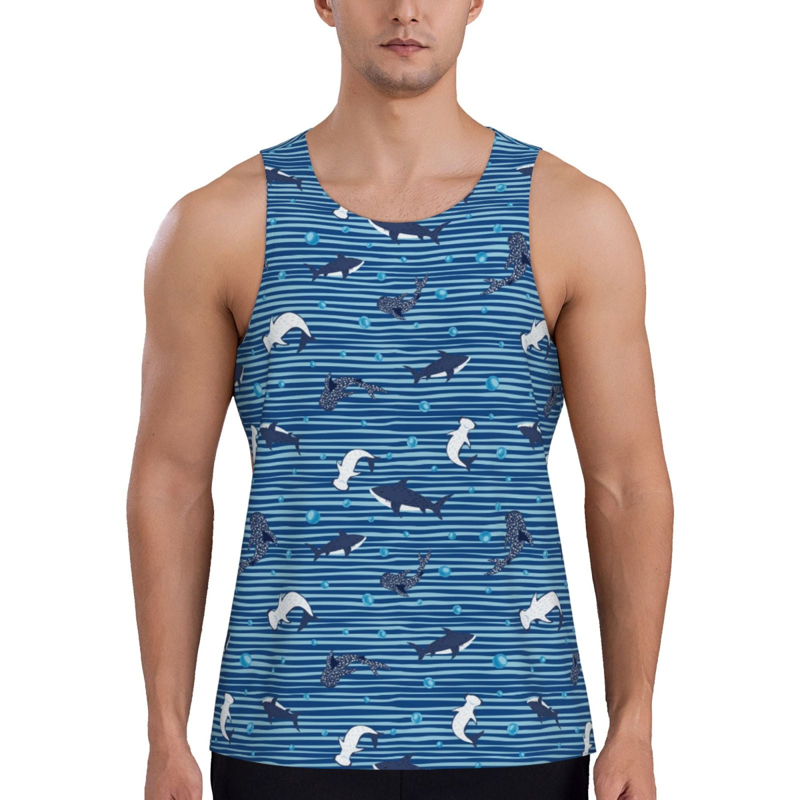 Balery Sharks on White Blue Striped Pattern Men's Workout Tank Top Gym ...
