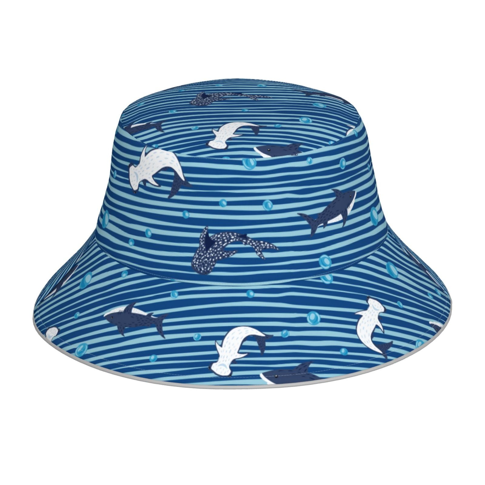 Balery Sharks on White Blue Striped Sun Hats for Men Women Bucket Hat ...
