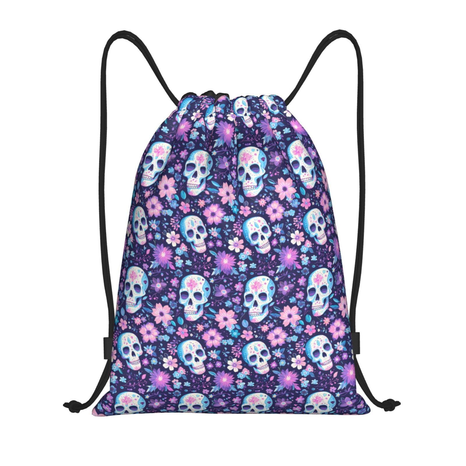 Balery Skull Purple Flower Pattern Drawstring Backpack Bag Sport Gym ...
