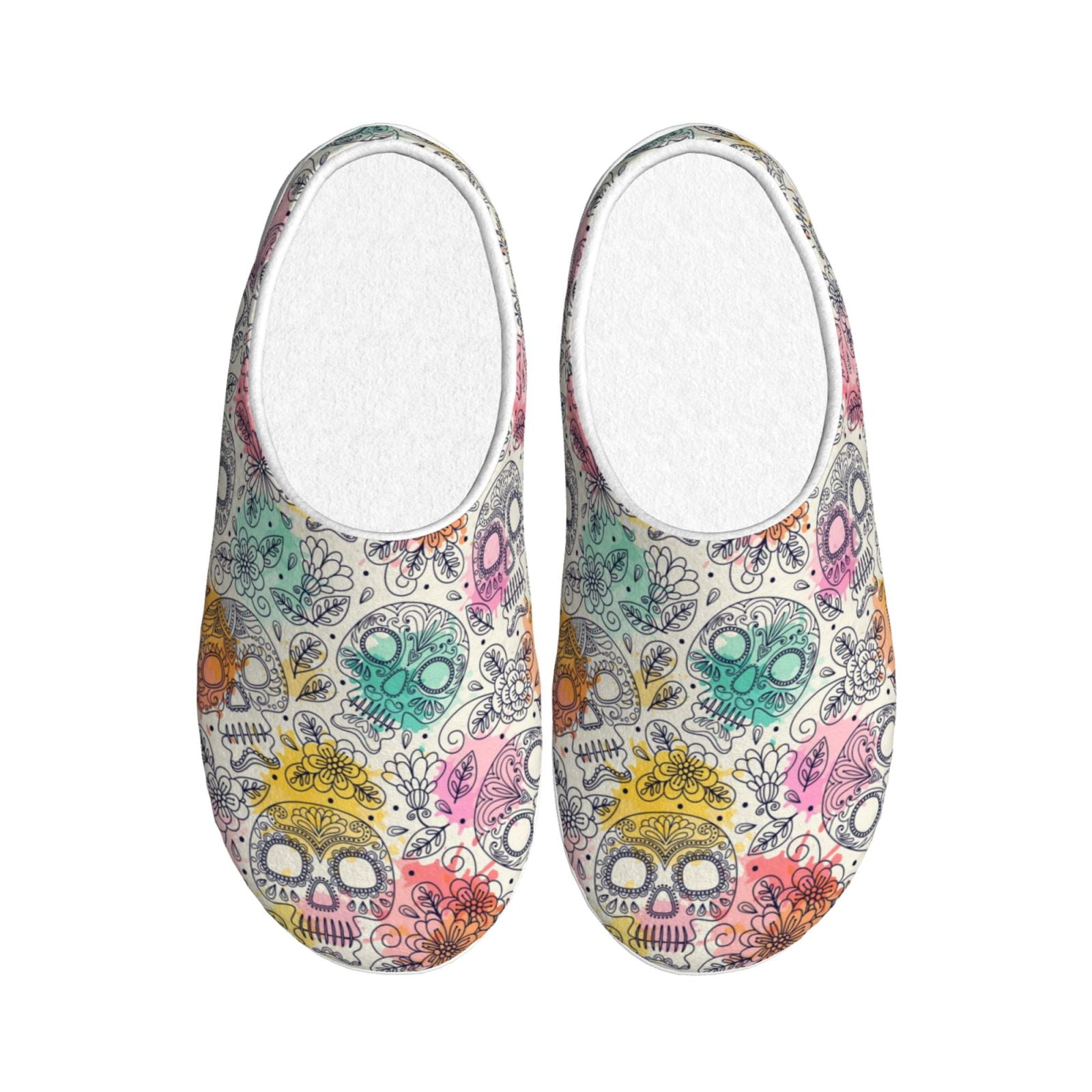 Balery Skull and Flowers Pattern Women's Fuzzy Memory Foam Slippers ...