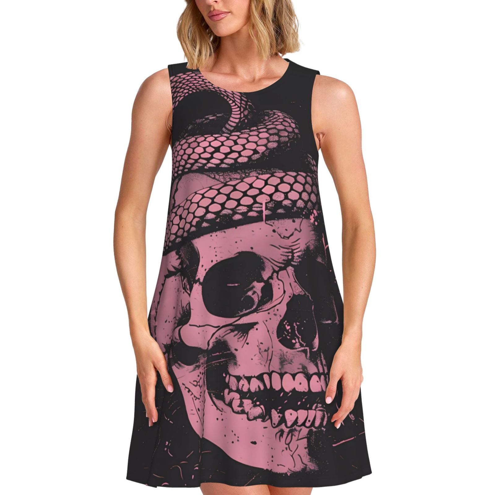 Balery Skull and Snake Art Pattern Women’s Summer Dresses – Loose ...
