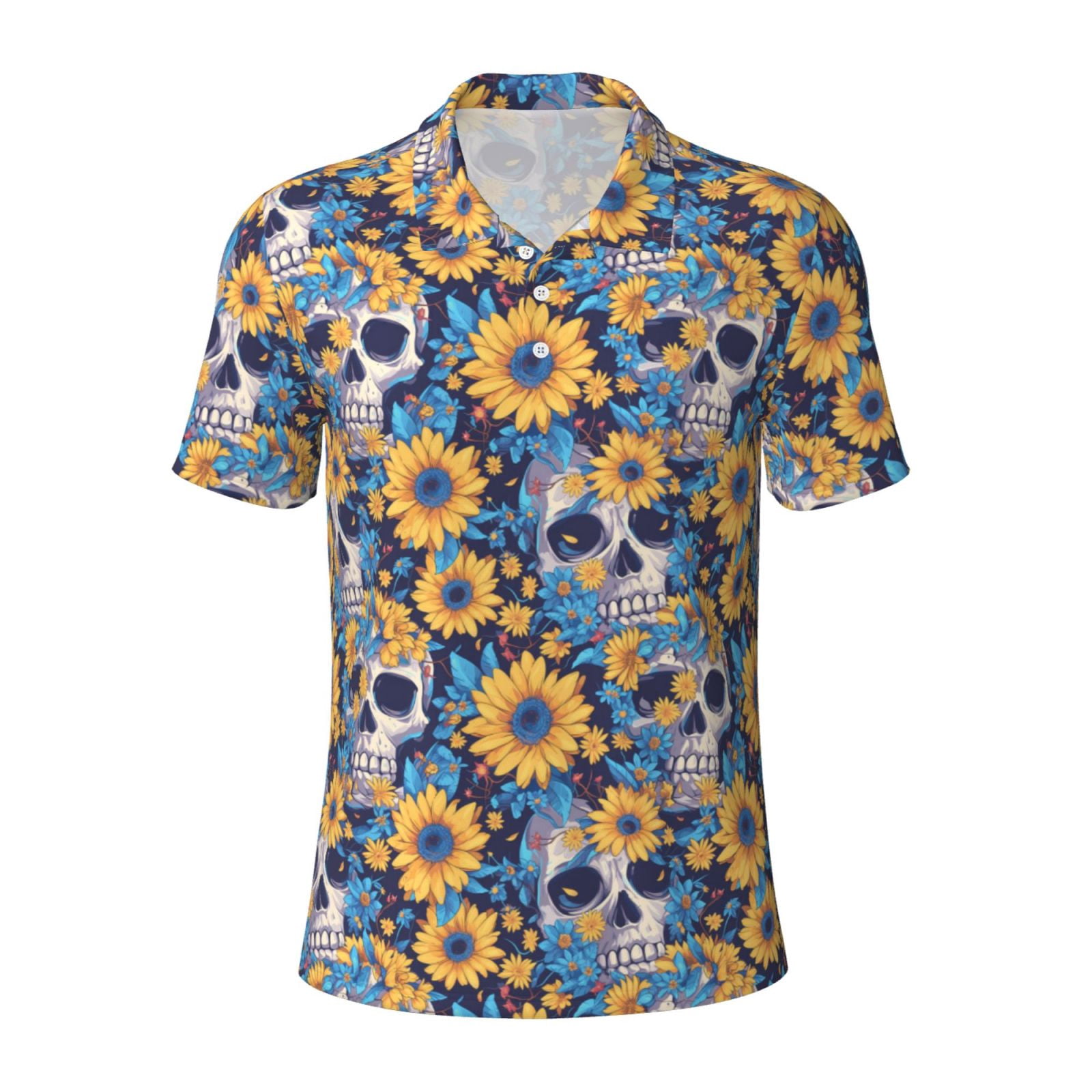 Balery Skull daisy yellow blue Printed Men’s Short Sleeve Polo Shirt ...