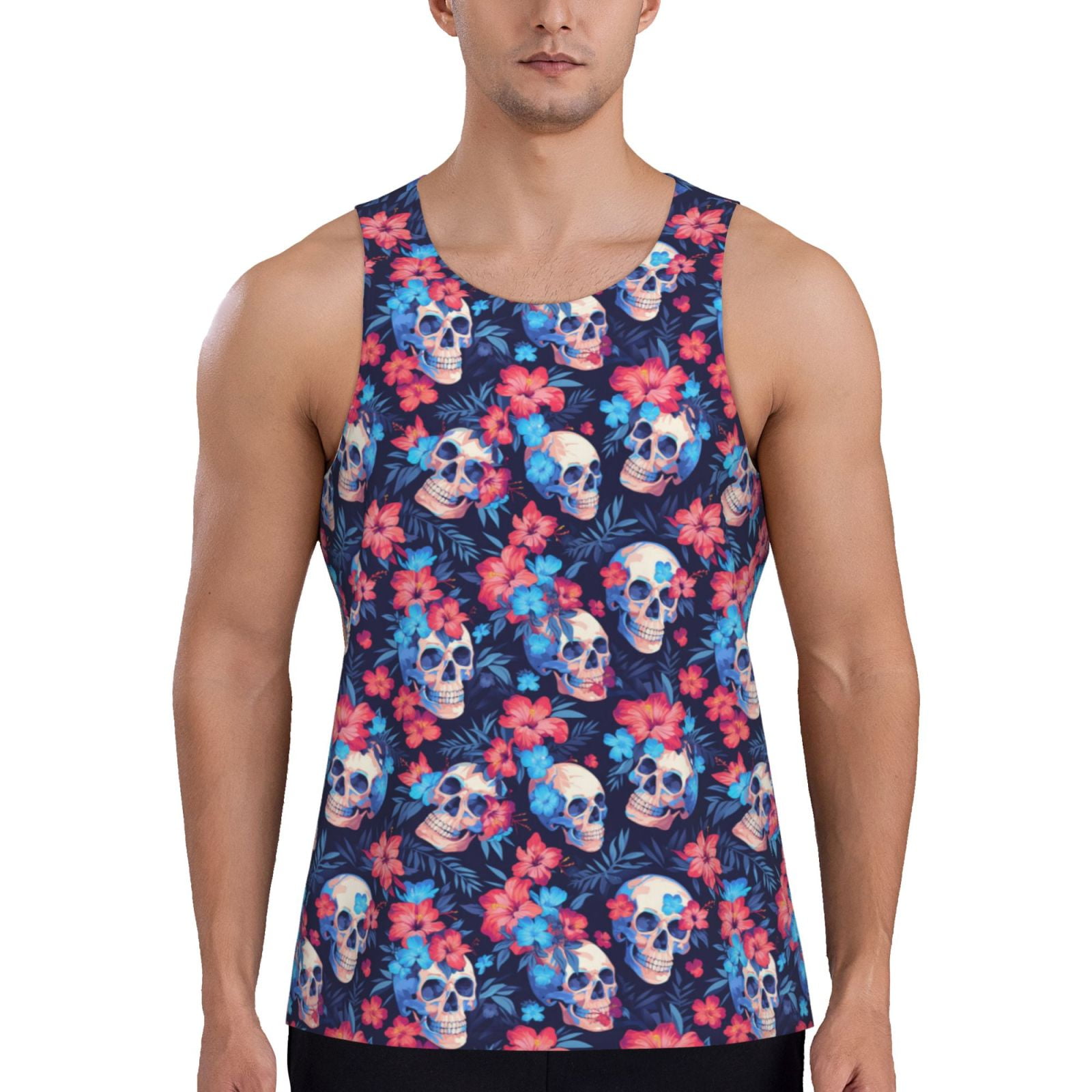 Balery Skull flower blue Pattern Men's Workout Tank Top Gym Muscle Tee ...