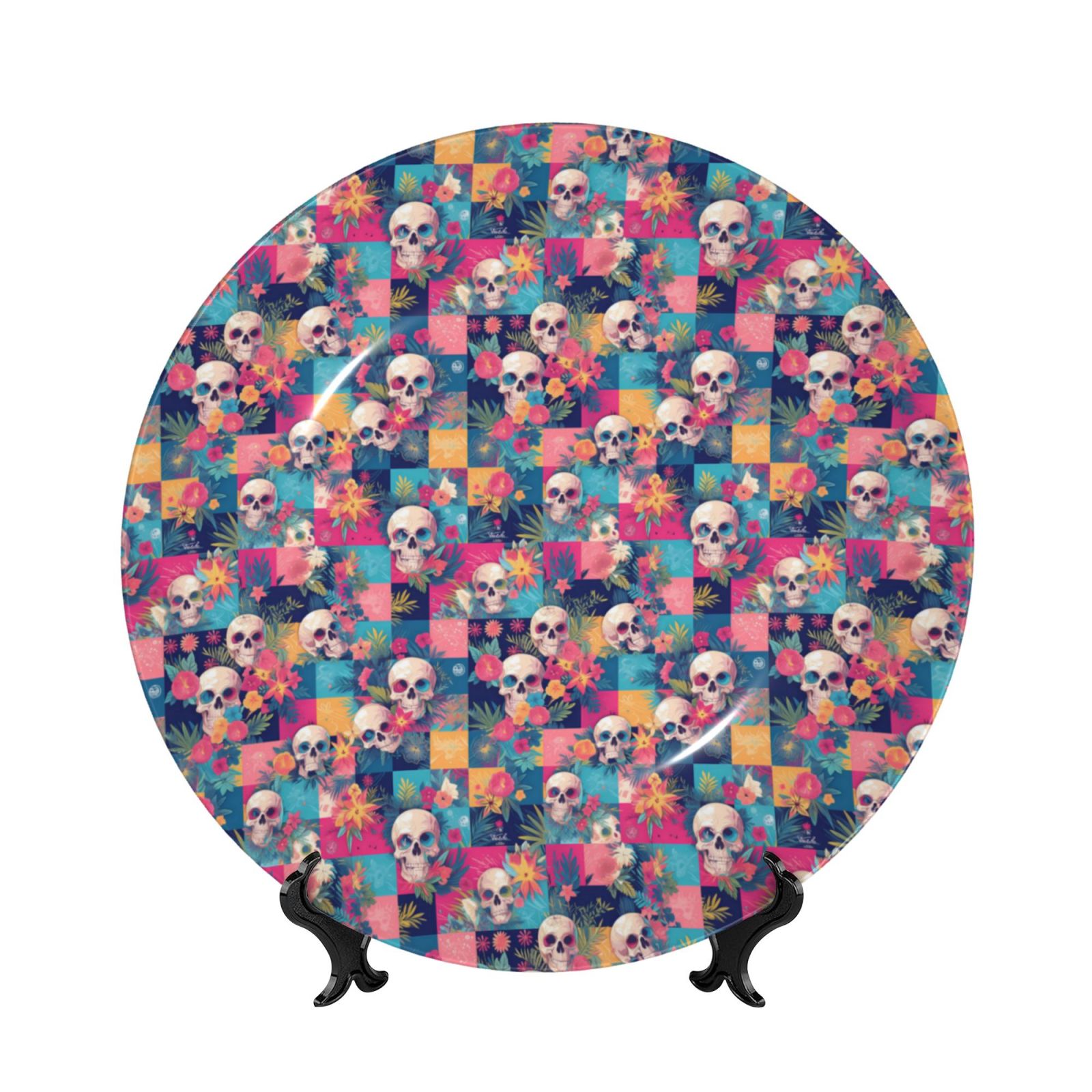 Balery Skull flower leaf Plaid Print Bone China Decorative Plate ...