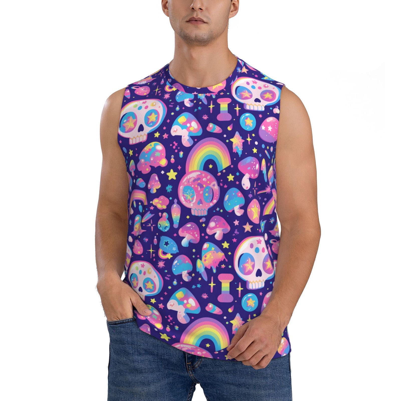 Balery Skull mushroom rainbow Men's Sleeveless Muscle Shirts Workout ...