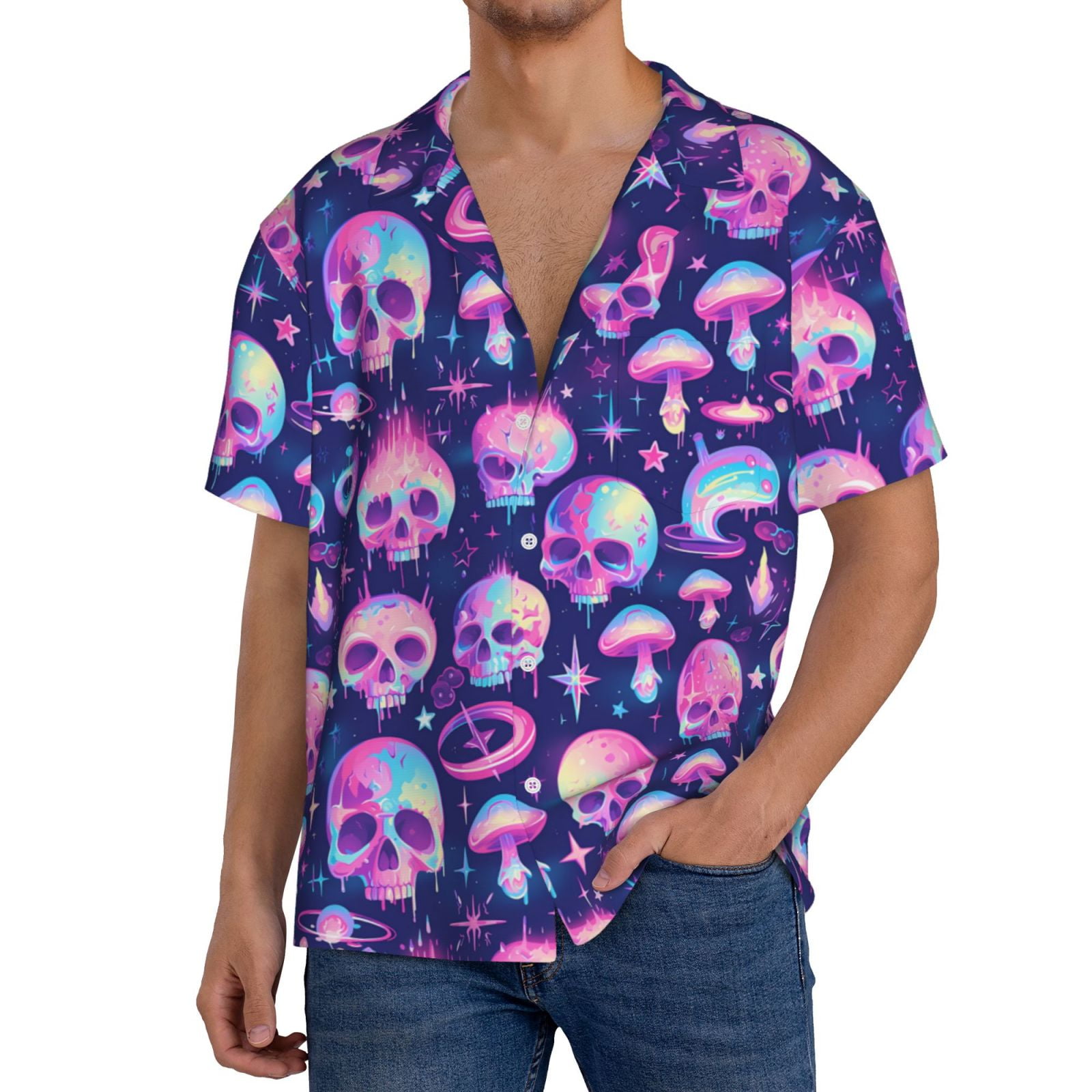 Balery Skull rainbow color Men's Casual Button Down Shirt Short Sleeve ...
