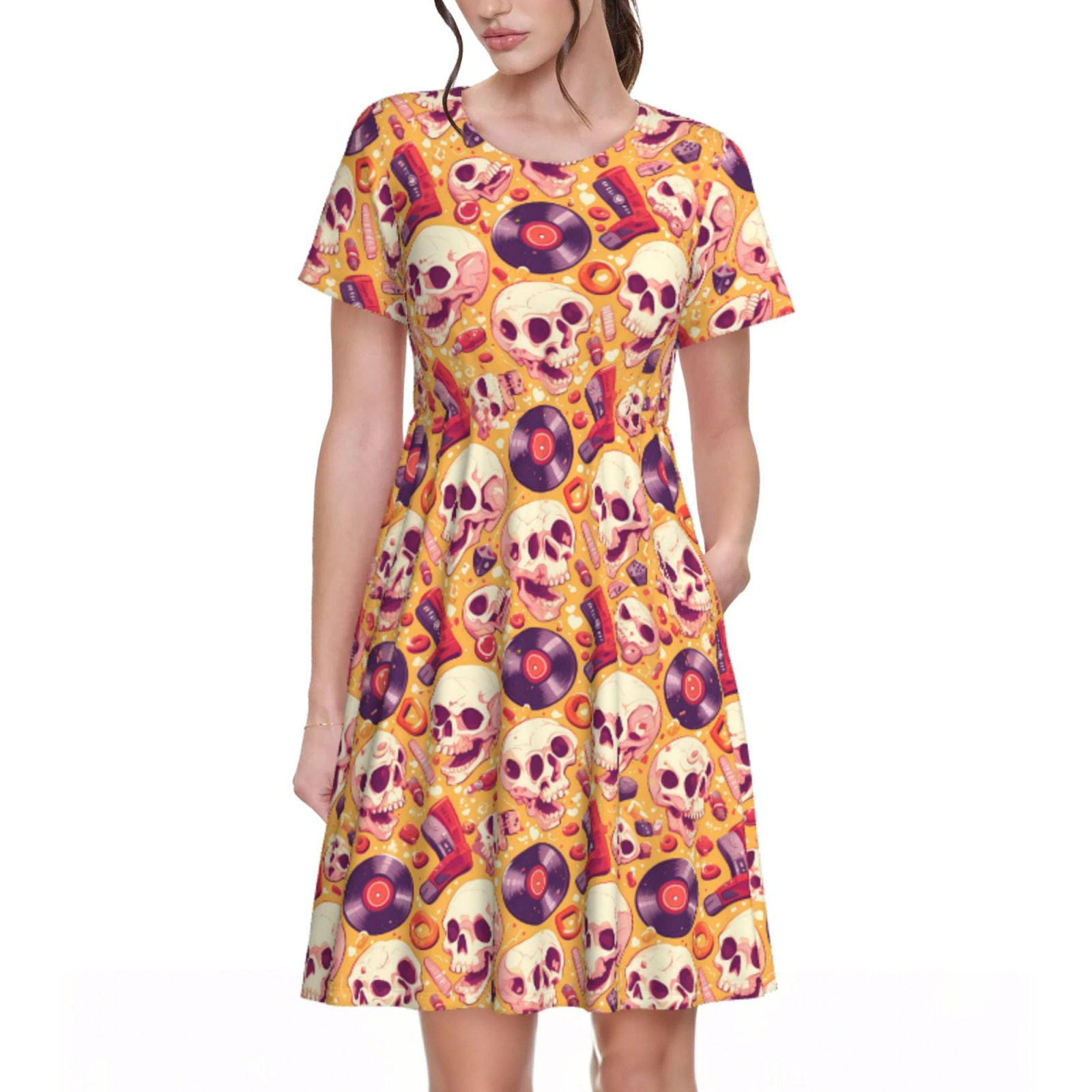 Balery Skull rock record Pattern Womens Dresses Loose Short sleeve ...