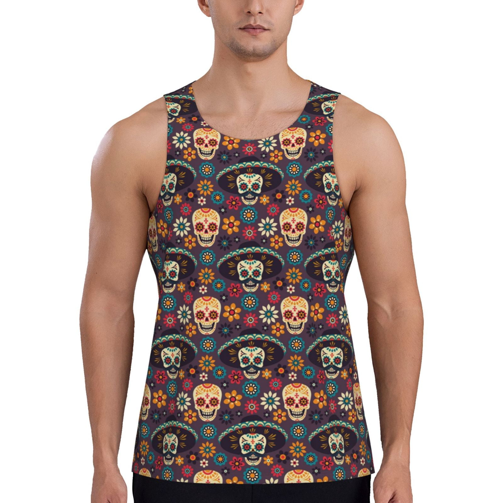 Balery Skulls and Flowers Pattern Men's Workout Tank Top Gym Muscle Tee ...