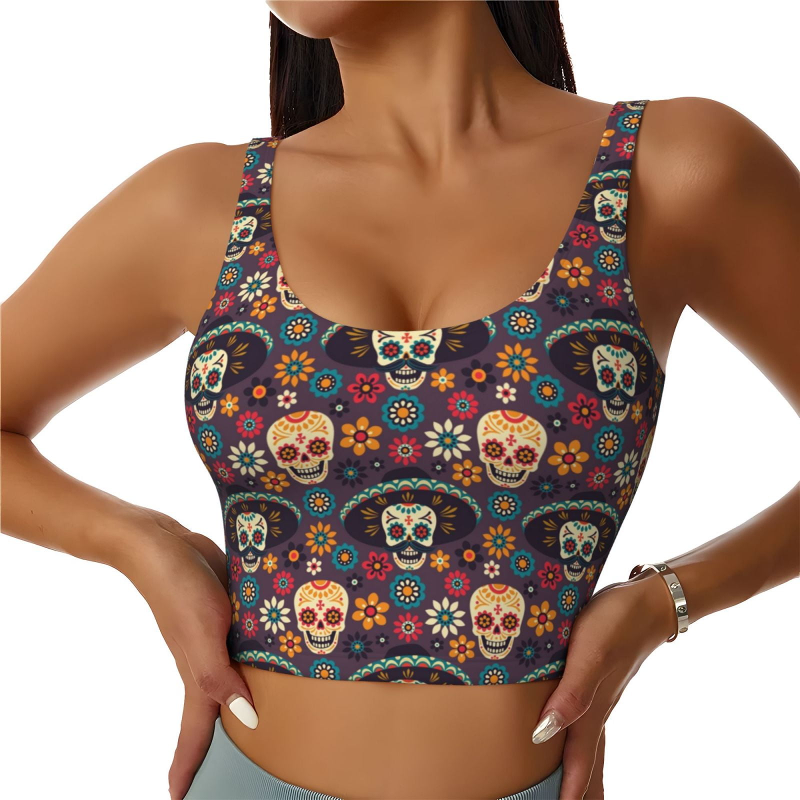 Balery Skulls and Flowers Pattern Racerback Sports Bras for Women - Padded Seamless High Impact ...