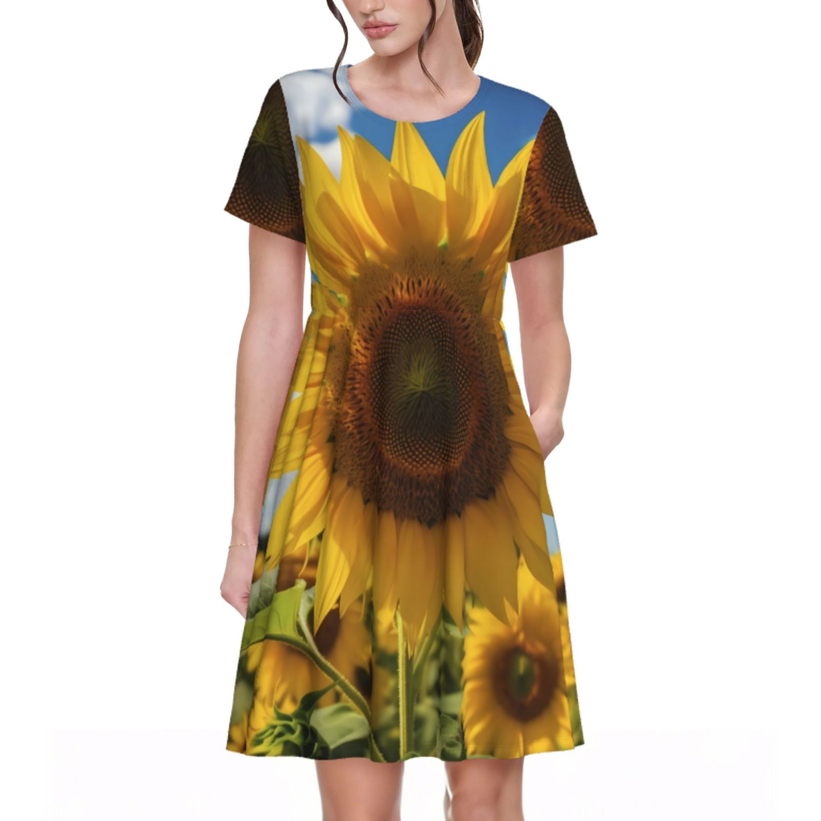 Balery Sky Golden Sunflower Field Pattern Womens Dresses Loose Short ...