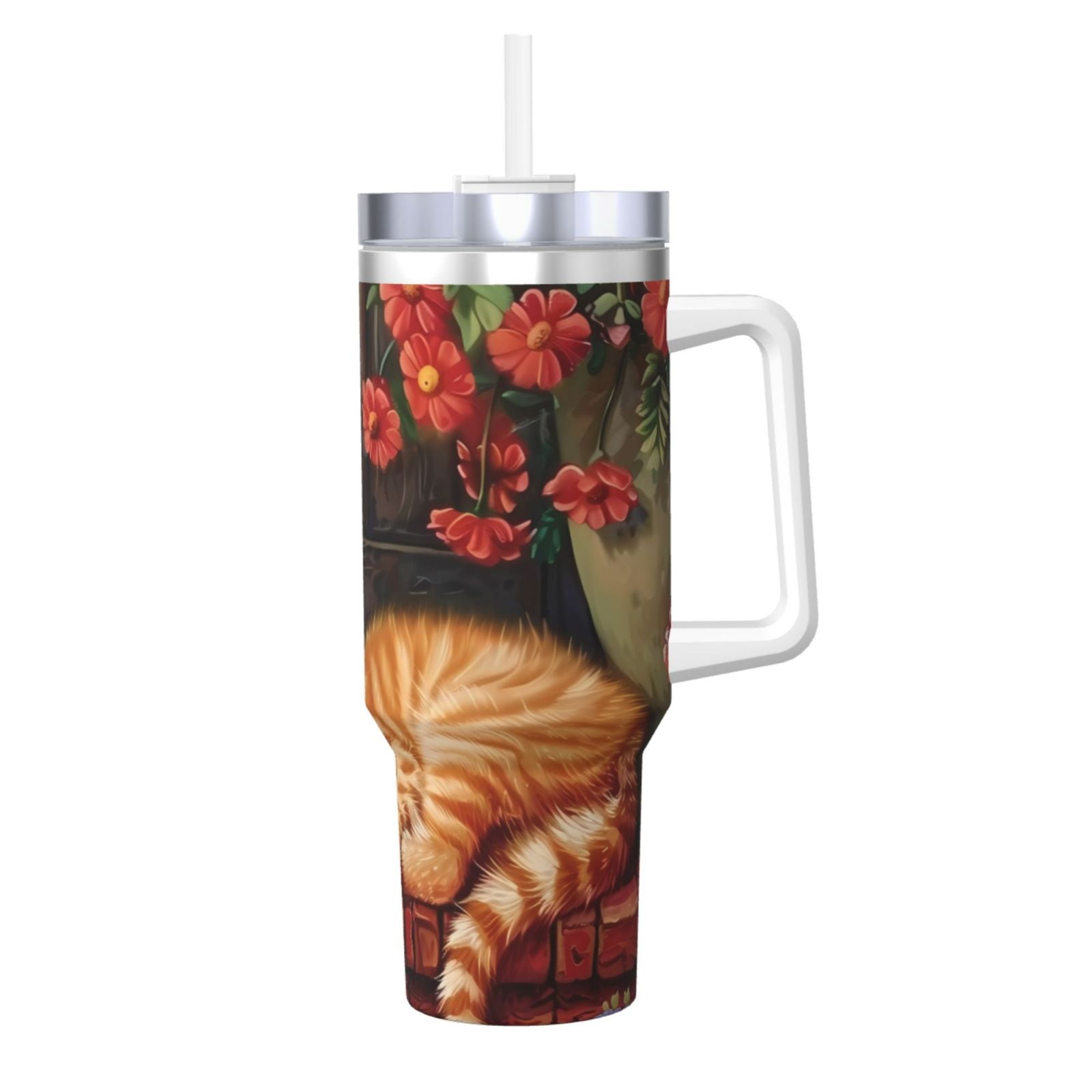 Balery Sleeping Cat Flowers Pattern 40oz Stainless Steel Tumbler Double ...