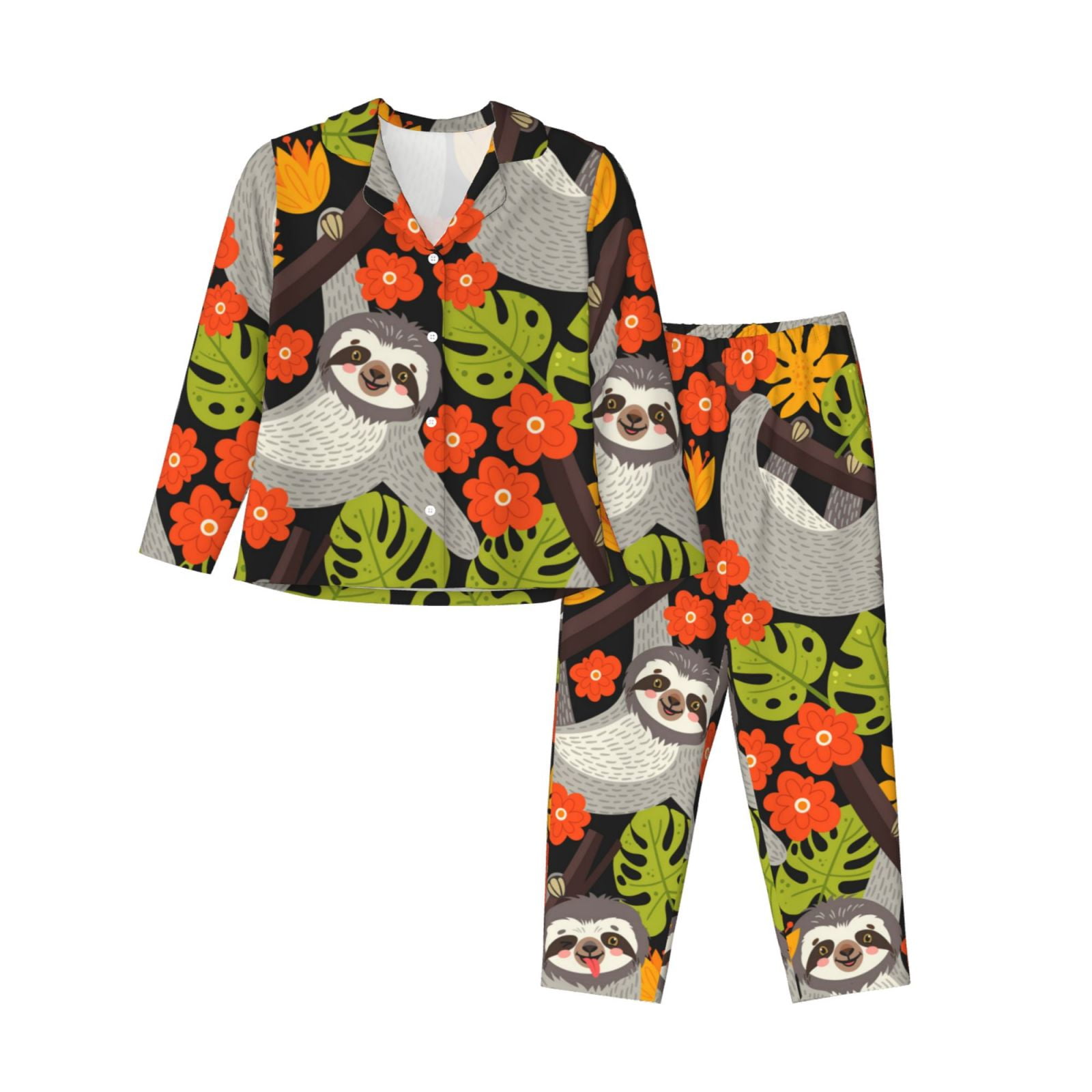 Balery Sloth on the Branch Pattern Pajama Sets for Women Long Sleeve 2 ...