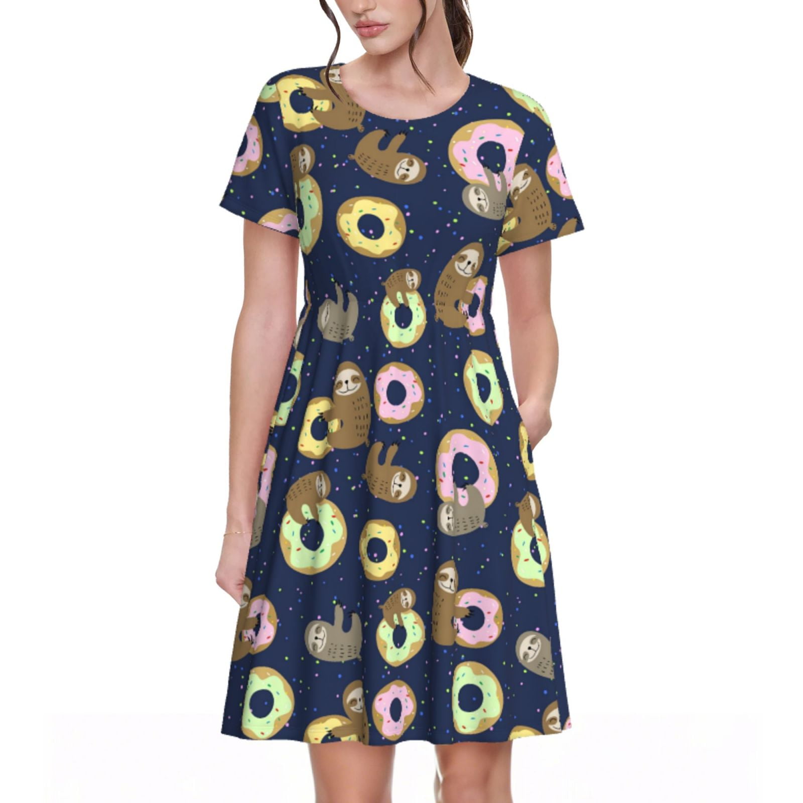 Balery Sloth with Donuts Pattern Womens Dresses Loose Short sleeve ...