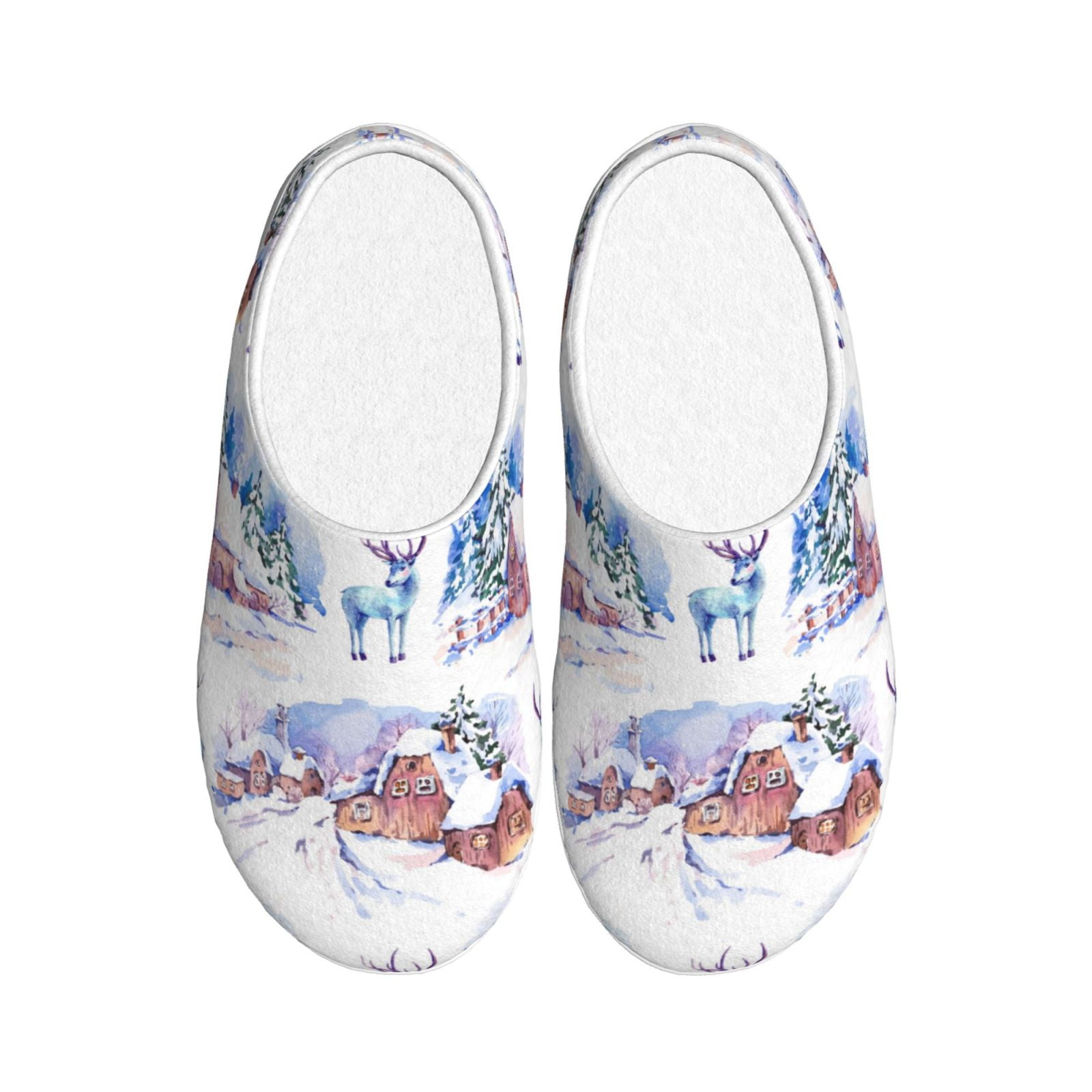 Balery Snowy Cottage Holiday Scene Pattern Women's Fuzzy Memory Foam ...