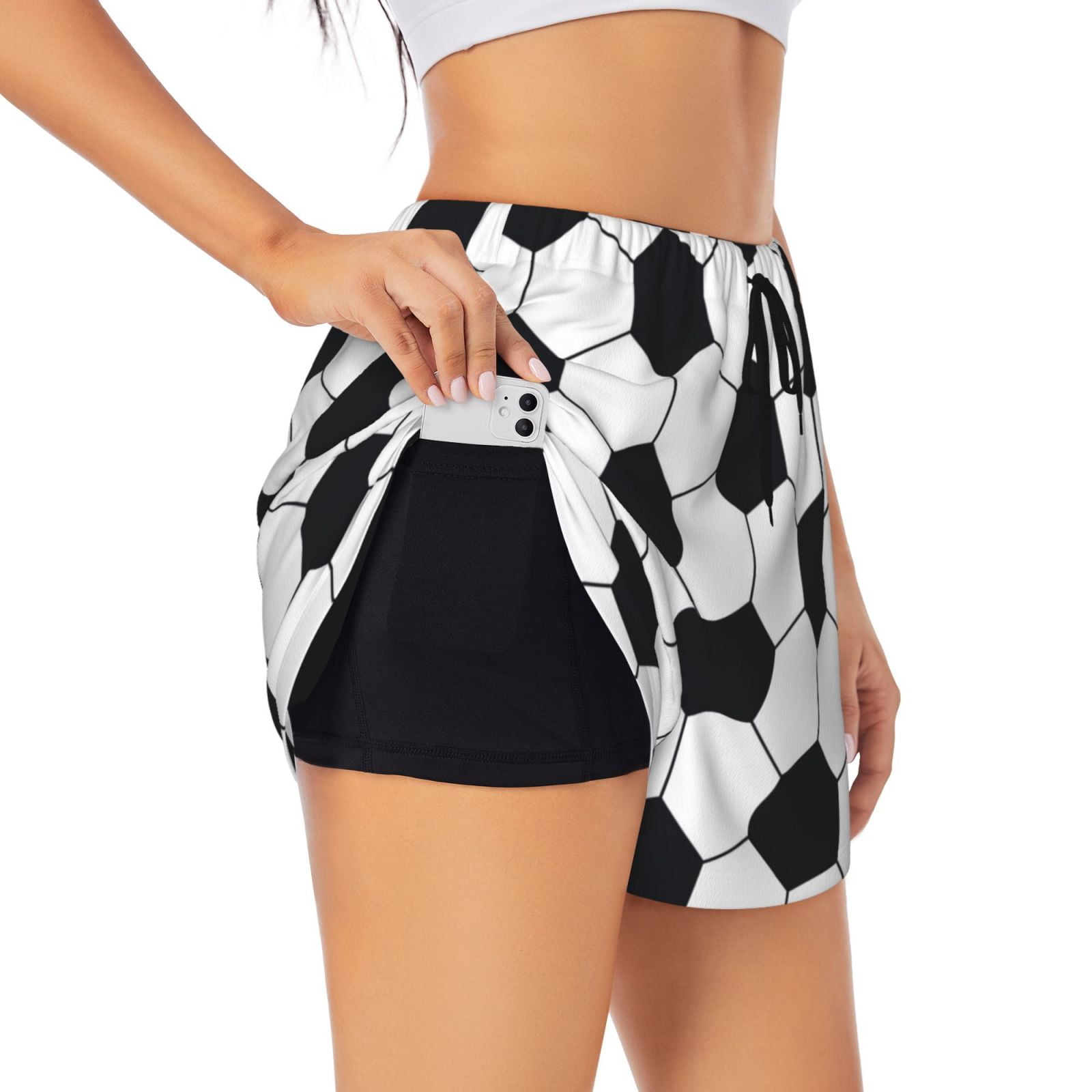 Balery Soccer Ball Pattern Women's Running Shorts with Liner 2 Pockets ...