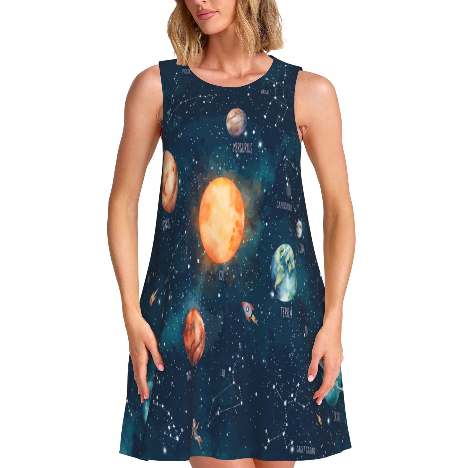 Balery Solar System And Planets Pattern Women’s Summer Dresses – Loose ...