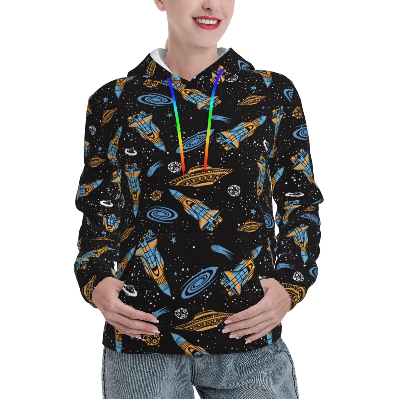Balery Space Rocket Pattern Womens Long Sleeve Hoodie, Pullover Hooded ...