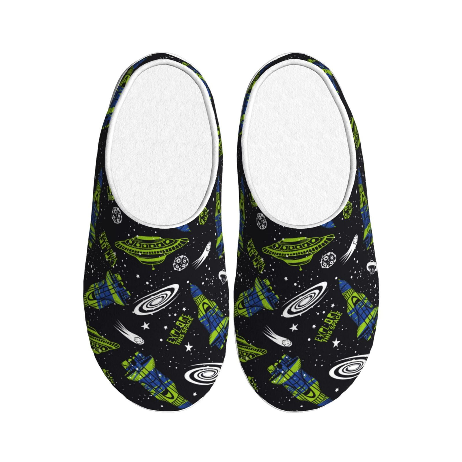 Balery Space Rockets Pattern Women's Fuzzy Memory Foam Slippers Fluffy ...