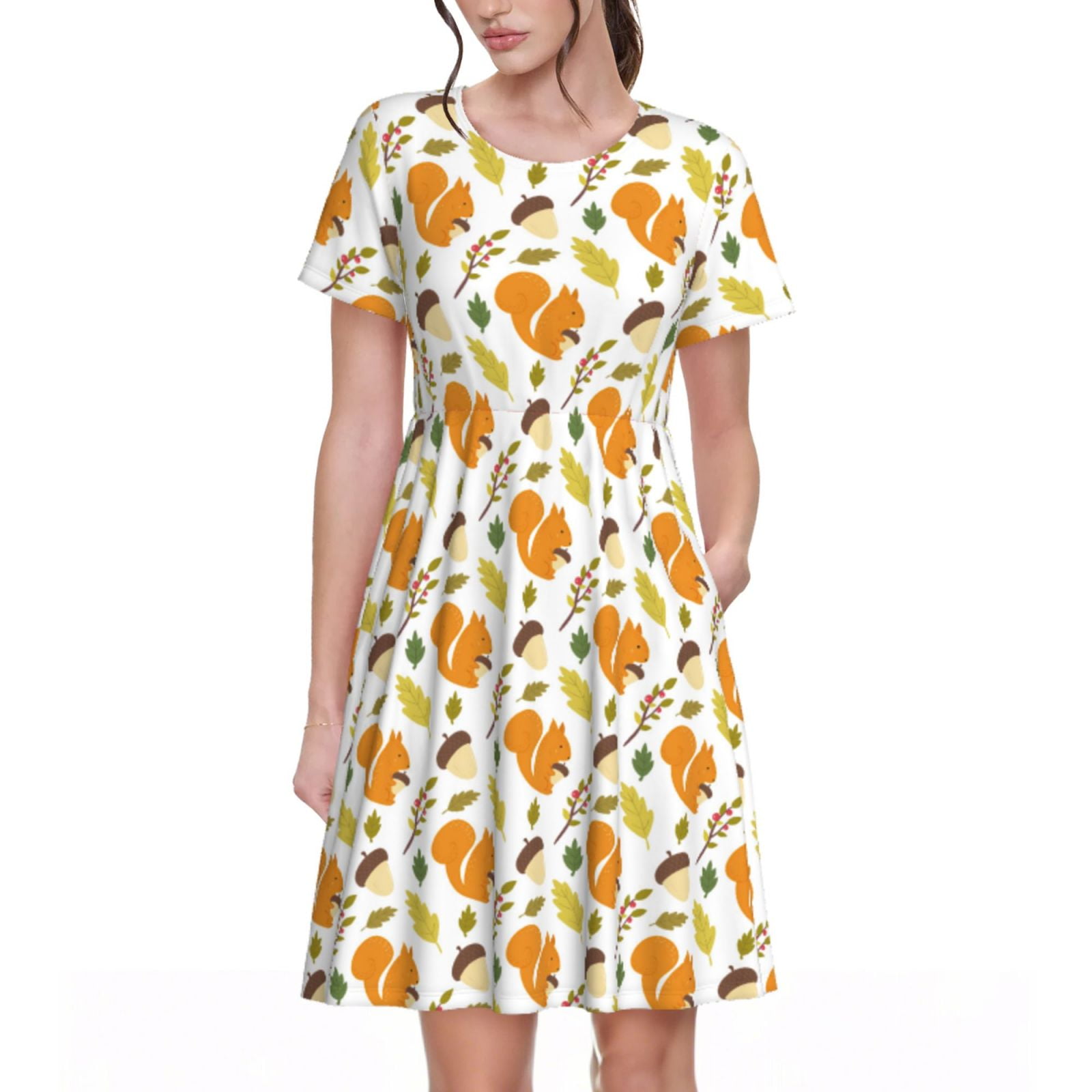 Balery Squirrel Eating Nuts Pattern Womens Dresses Loose Short sleeve ...