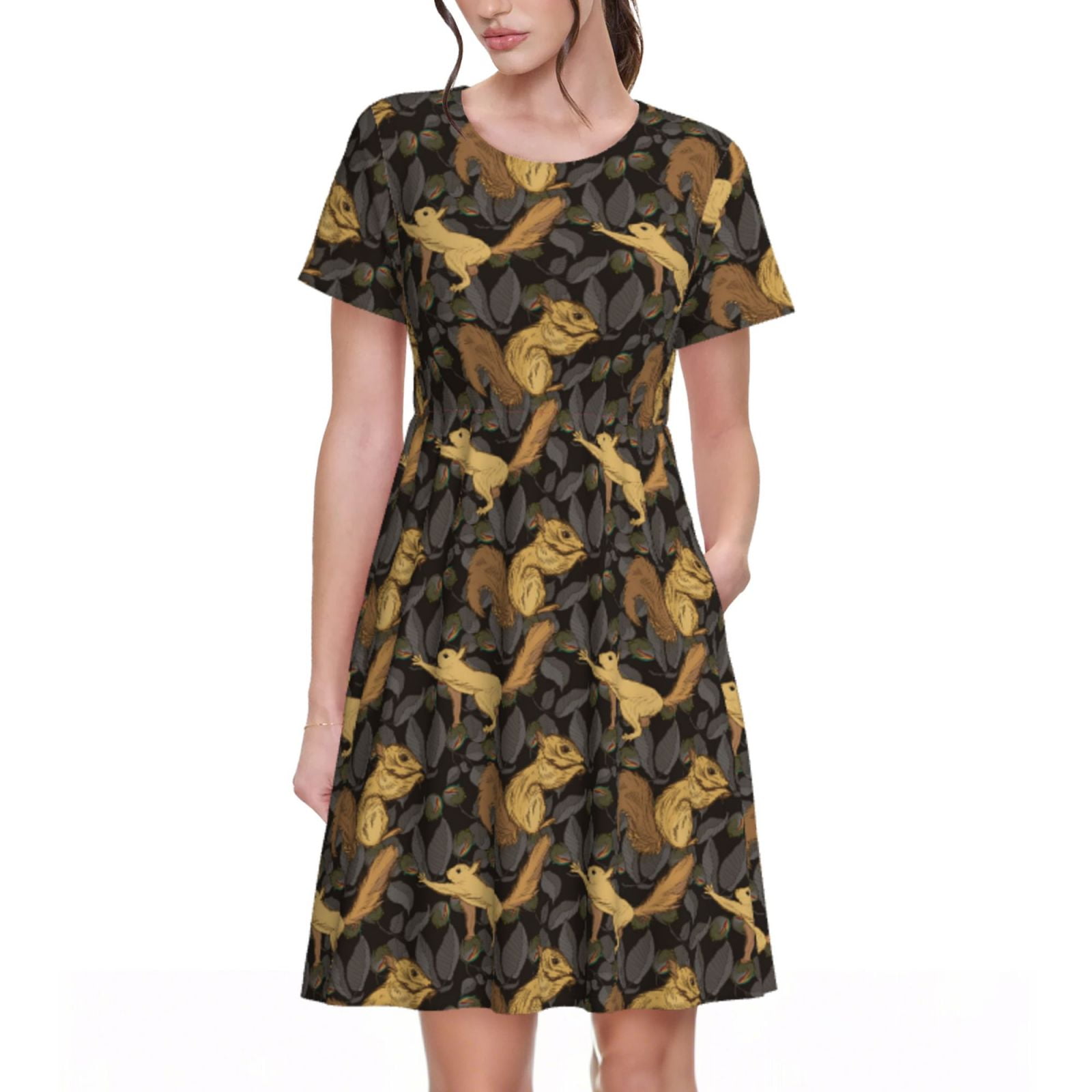 Balery Squirrel Gathering Nuts Pattern Womens Dresses Loose Short ...