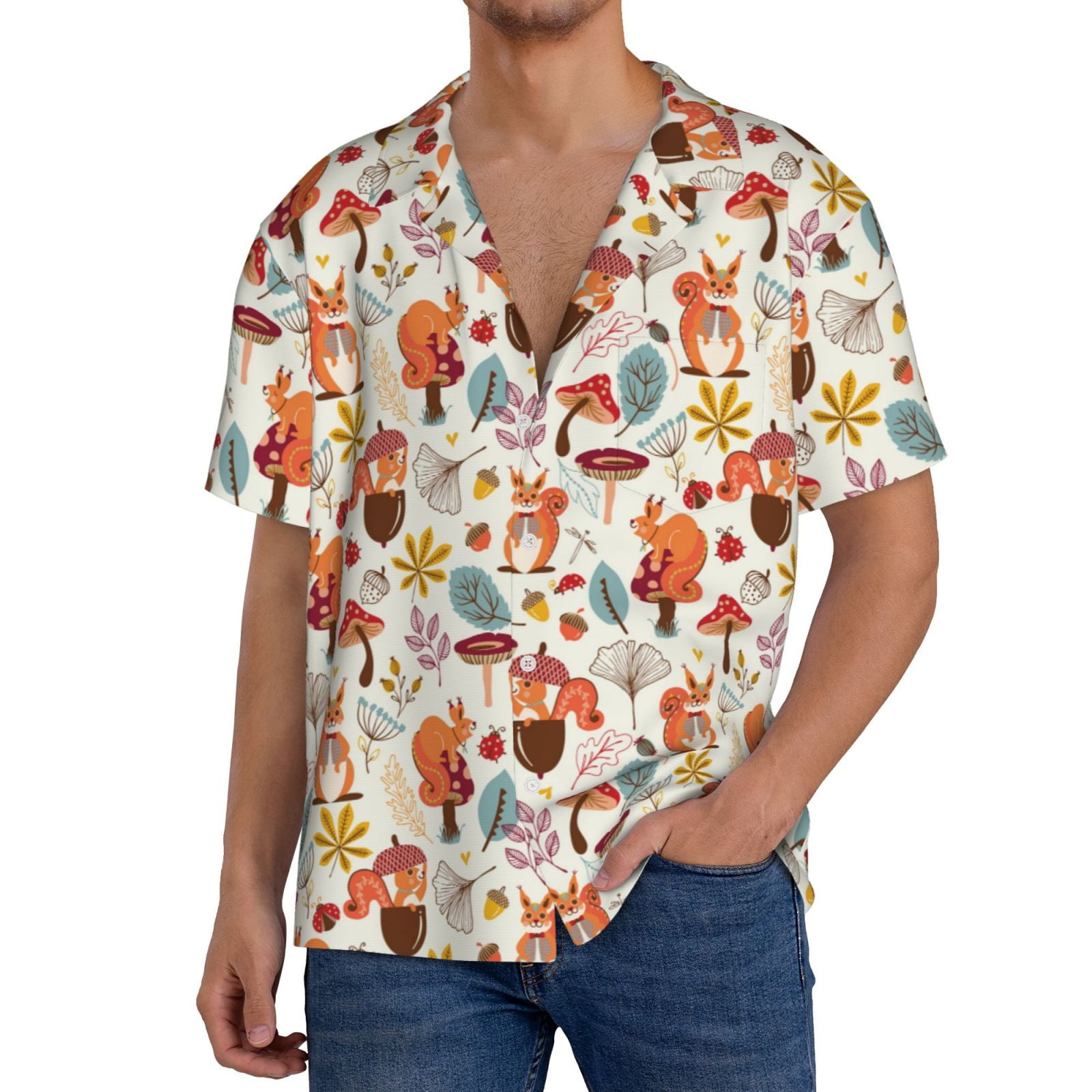Balery Squirrel Nuts Mushroom Men's Casual Button Down Shirt Short ...