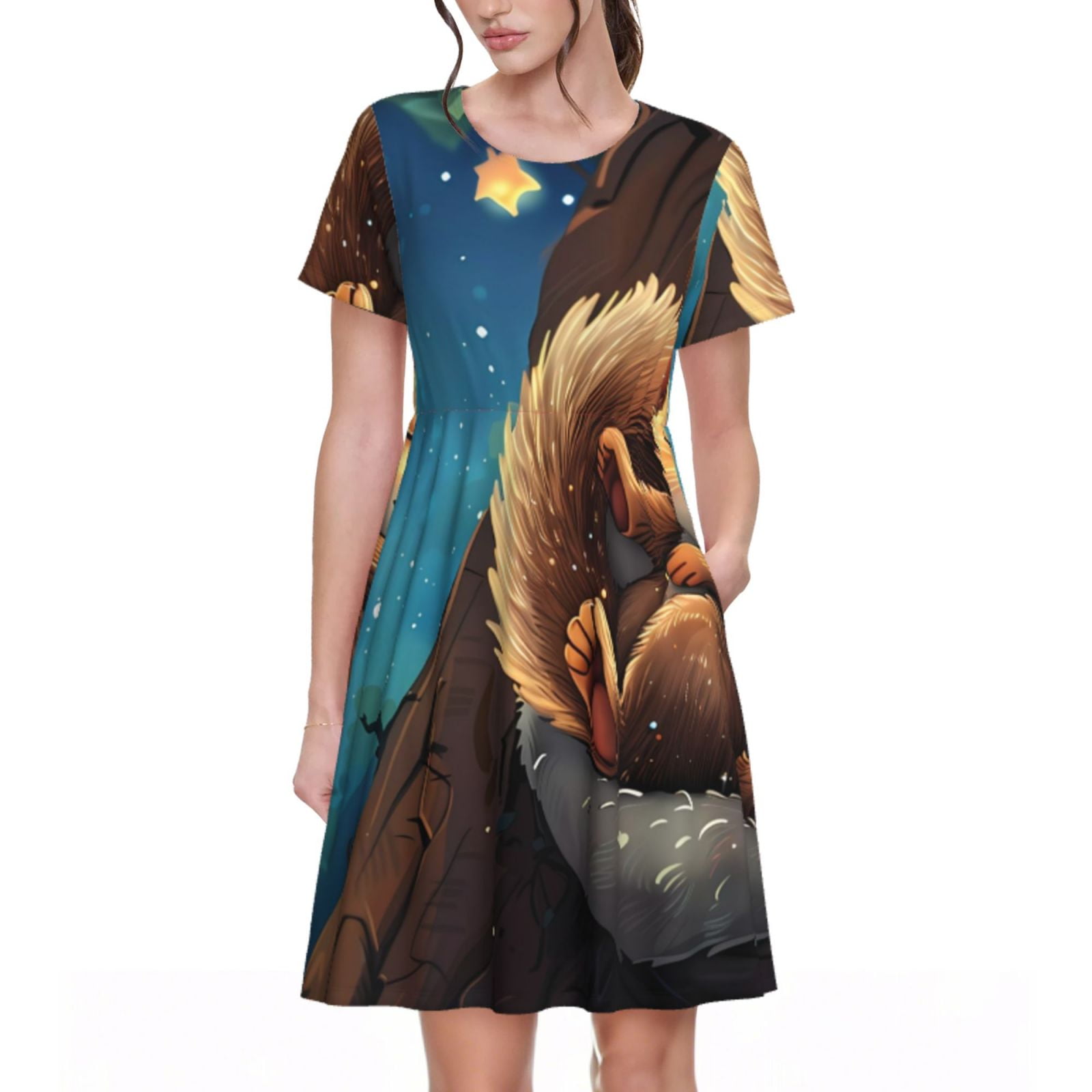 Balery Squirrel Sleeping In Tree Pattern Womens Dresses Loose Short ...