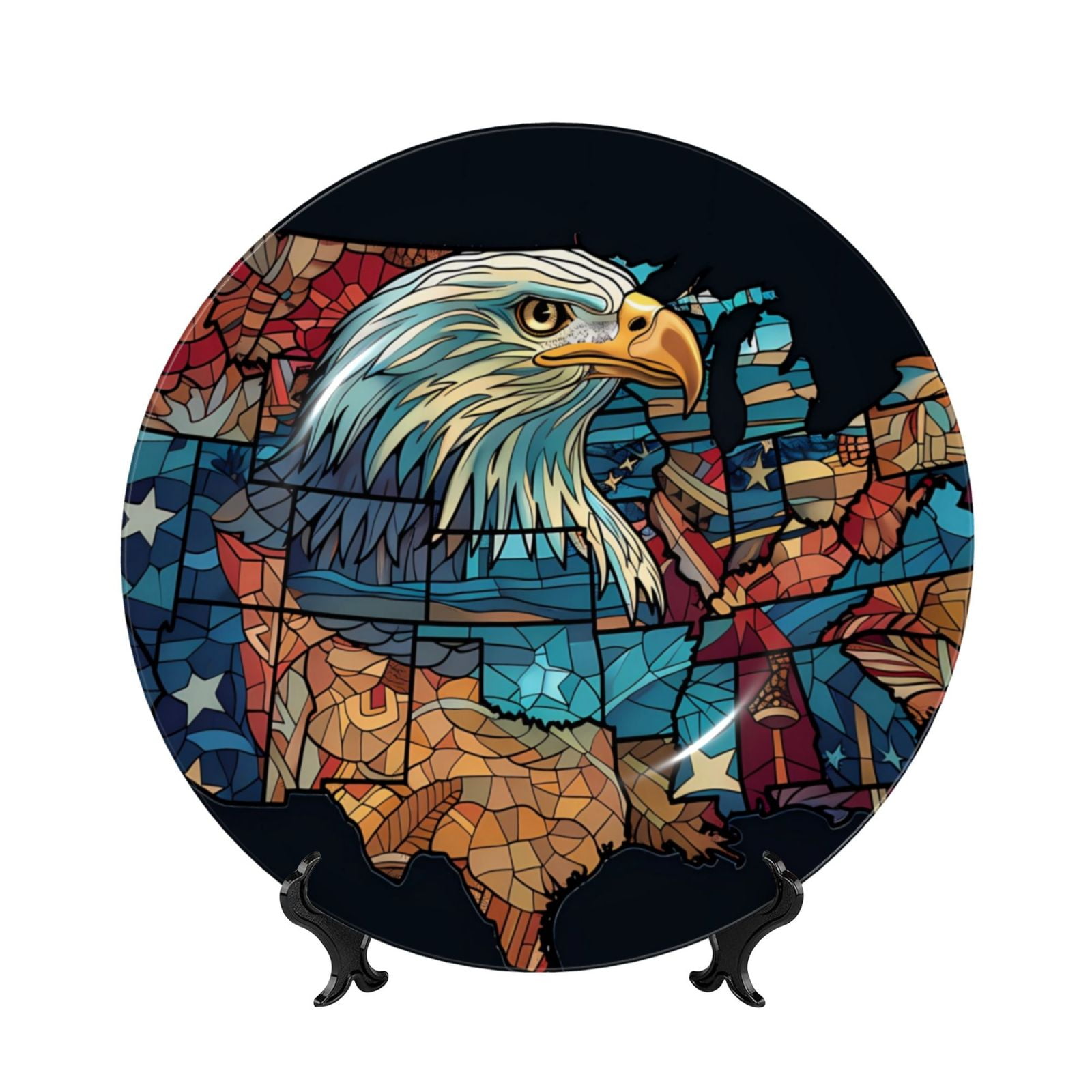 Balery Stained Glass Eagle USA Print Bone China Decorative Plate ...