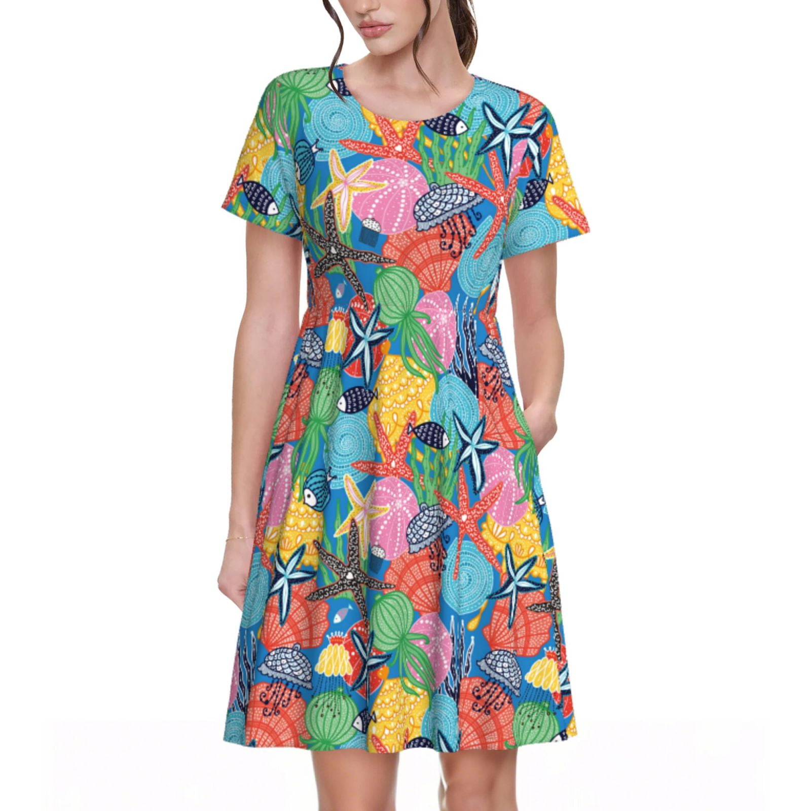Balery Starfish And Algae Pattern Womens Dresses Loose Short sleeve ...